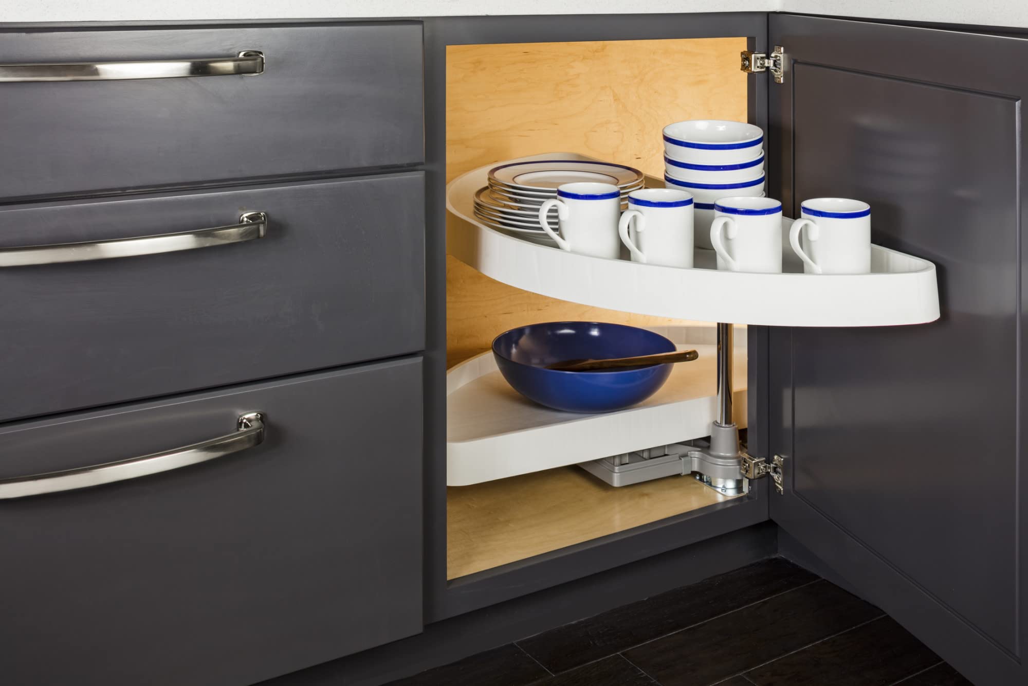 Hardware Resources 32" Blind Corner Cabinet Organizer - White, Heavy Duty Polymer Plastic Half-Moon Trays - Kitchen Pantry Rotating Racks for Left & Right-Hand Cupboards - Fits 11.5" Cabinet Opening