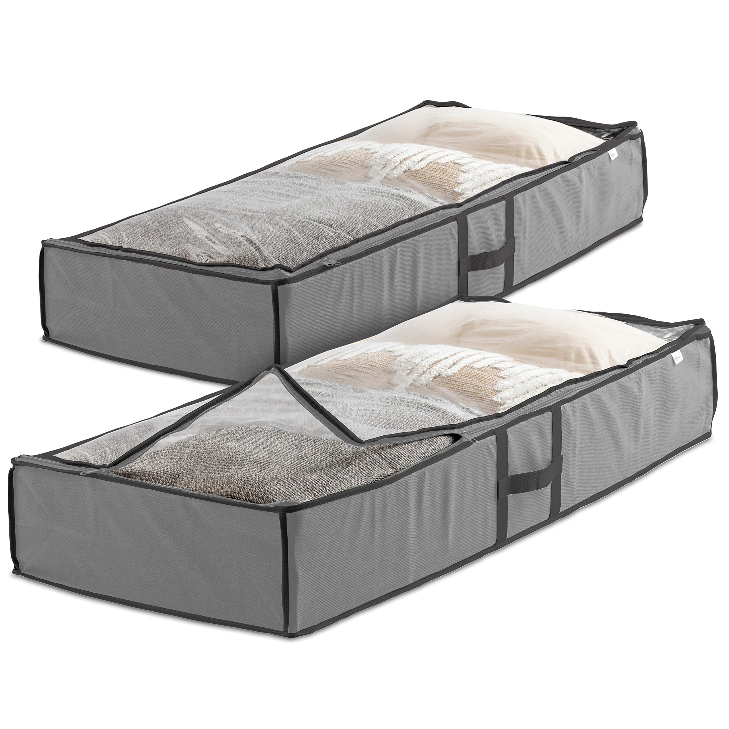 ZOBER Under Bed Storage Containers - Pack of 2 Clothes Storage Bins with Handles and Clear Window - Closet Organizer and Shoe Storage Bags for Bedroom, Dorm & Closet - 42 x 18 x 6 Inches, Black