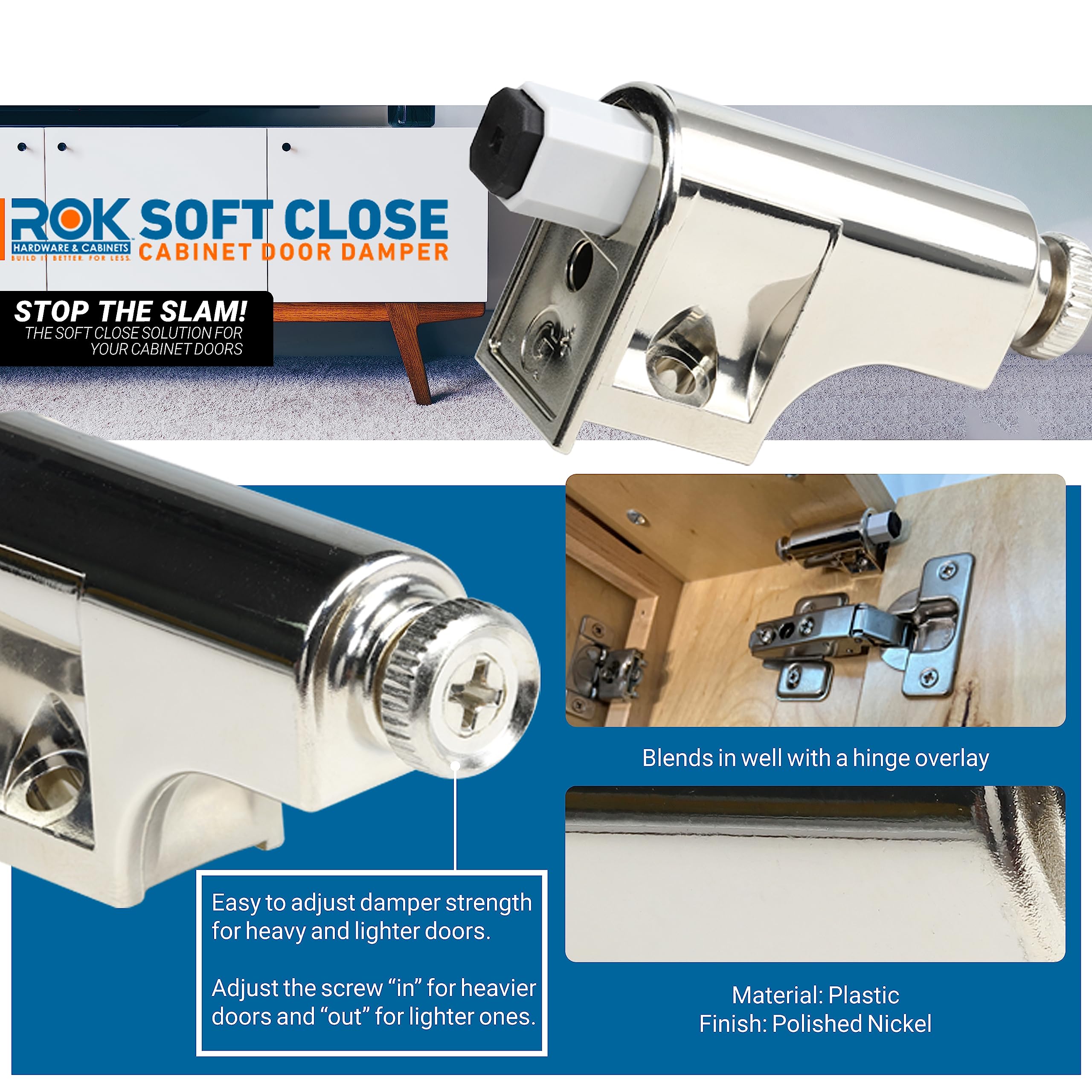 Rok Hardware 10 Pack Soft Close Damper for Cabinet Doors/Compact/SoftClose Cabinet Adapter/Polished Nickel/Hardware/Hinge SCD103