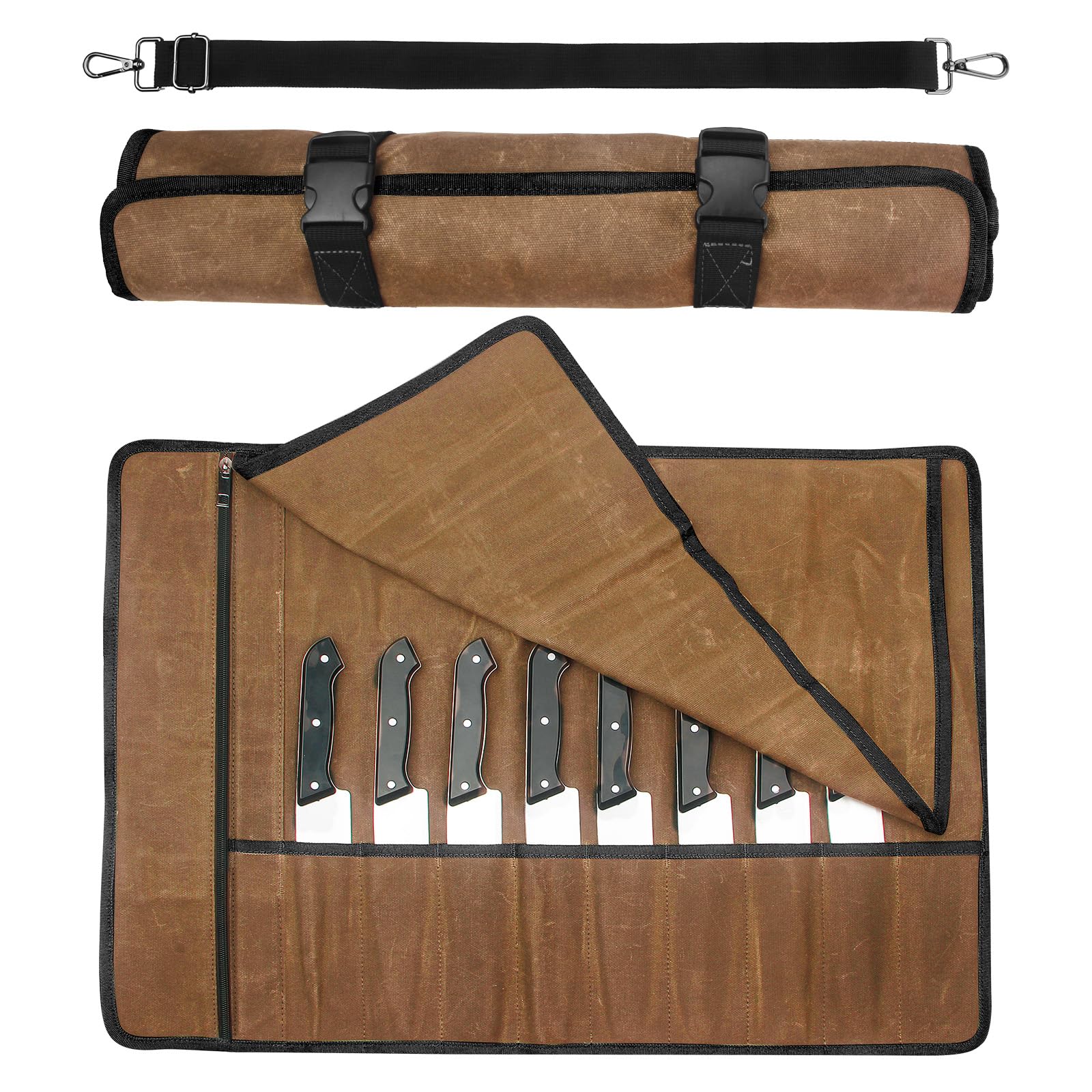 Knife Roll,Knife Bag,Knife Case,Waxed Canvas Chef Knife Bag,Portable Knife Roll Bag With 10 Slots Plus 1 Zipper Pockets Can Hold Home Kitchen Knife Tools Up To 18.8â,Heavy Duty Knife Bags For Chefs