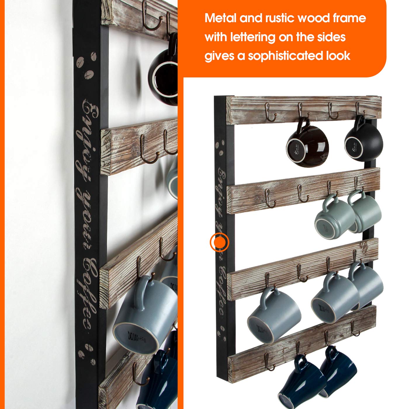 J JACKCUBE DESIGN Coffee Mug Holder Wall Mounted Rustic Wood Cup Organizer with 16-Hooks Hanging Rack for Home, Kitchen Display Storage and Collection : MK519A