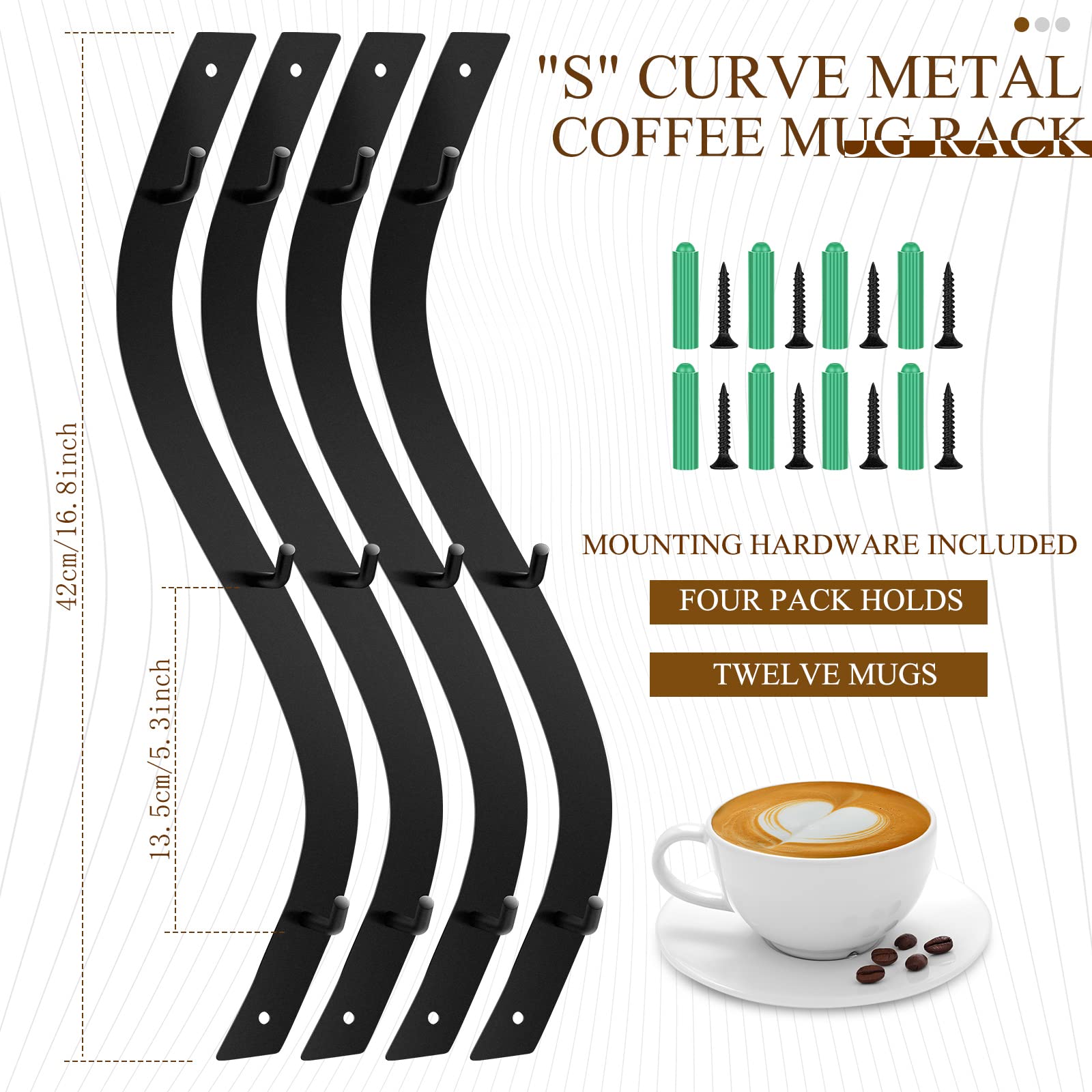 4 Pack Coffee Mug Wall Rack Mounted with 12 Hooks S Curve Metal Coffee Cup Rack Wall Hanging Holder for Coffee Bar Kitchen Coffee Corner Station Decor Display