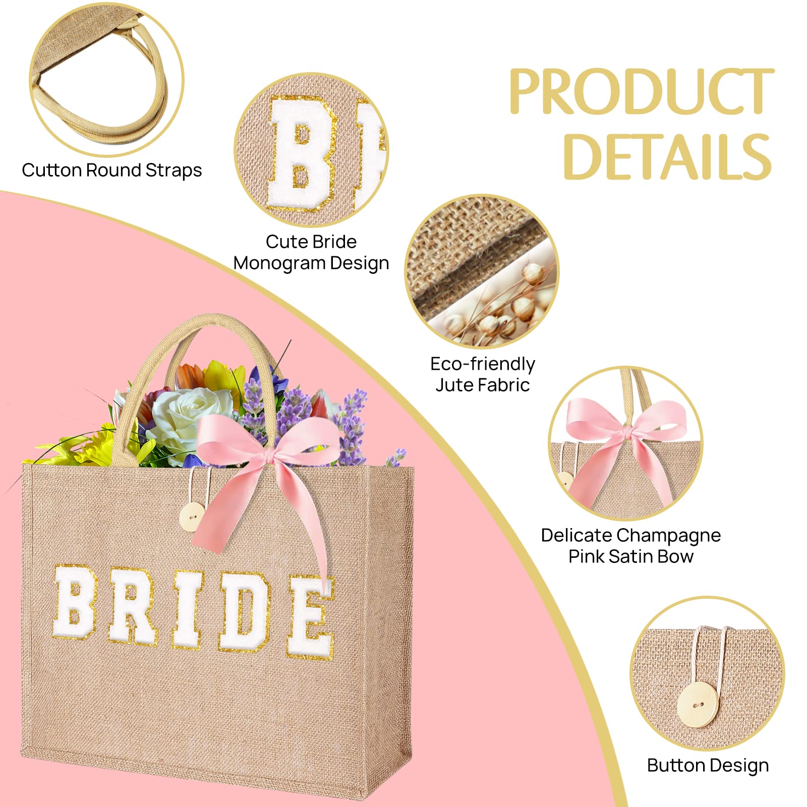 JUSTOTRY Bride Bag - Bride to Be Gifts Natural Jute Large Tote Bag with Webbed Handles Utility Personalized Canvas Bag for bachelorette party Bridal Shower Wedding Gift