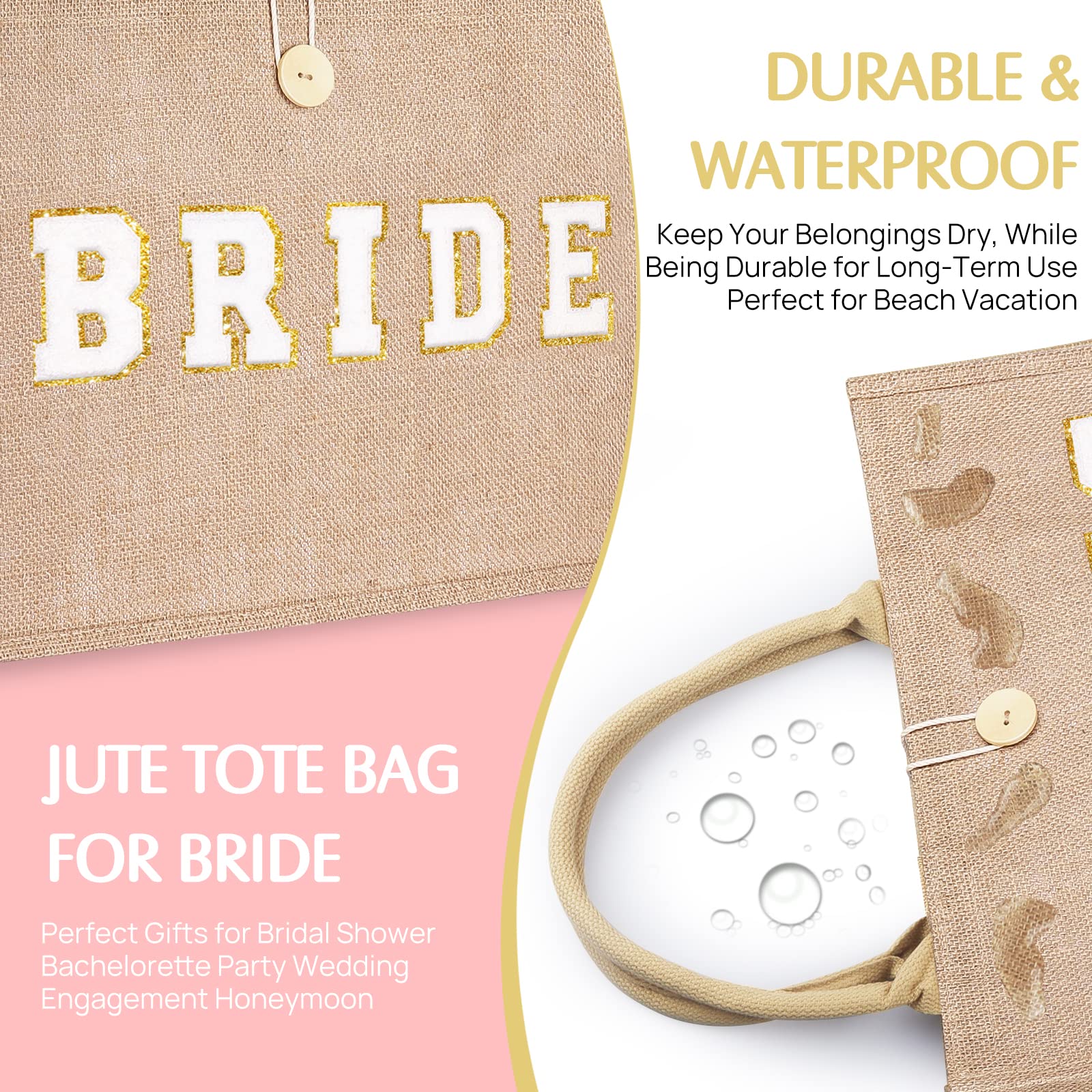 JUSTOTRY Bride Bag - Bride to Be Gifts Natural Jute Large Tote Bag with Webbed Handles Utility Personalized Canvas Bag for bachelorette party Bridal Shower Wedding Gift