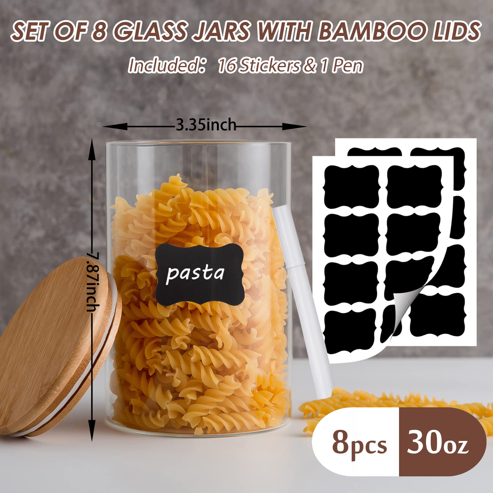 Claplante 8 Pack Glass Food Storage Containers Jars with Airtight Bamboo Lid, 30oz Pantry Organization Jar for Spice, Tea, Flour & Sugar Container, Canister Set for Kitchen Counter, Glass Terrarium