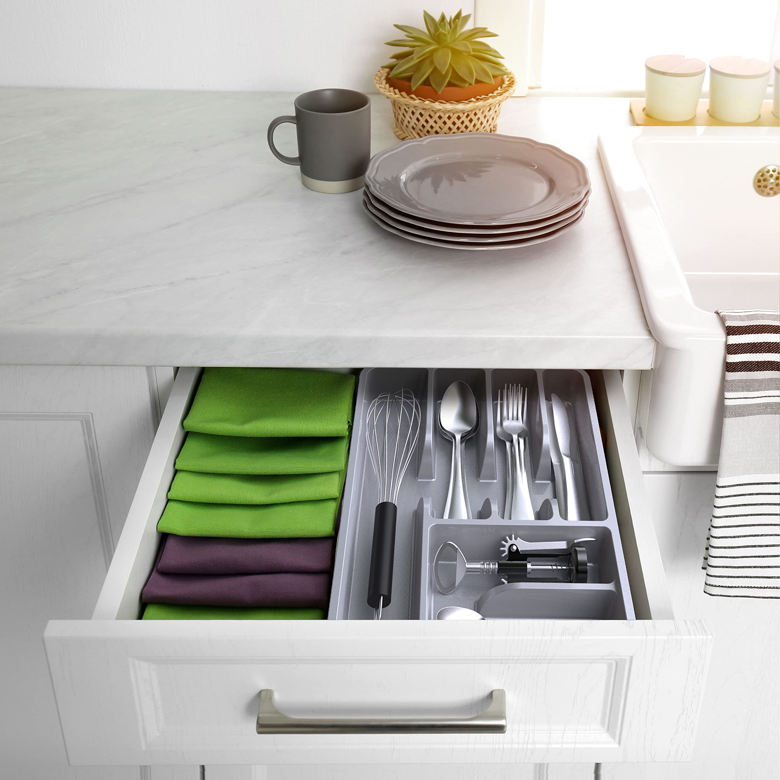 Mueller Flatware Kitchen Drawer Organizer, 10" x 13" Silverware Organizer, 6 Compartments, Heavy-Duty, Cutlery Tray for Utensils or Stuff, Dining Room, Living Room, Compact, Dark Grey