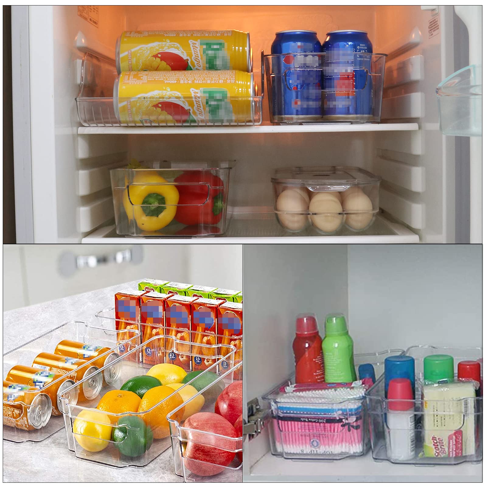 Plastic Refrigerator Organizer Bins, 7 Packs Refrigerator Organizer Bins 2 Large&4 Medium Food Storage Bins and 1 Egg Holder for Freezer, Kitchen Cabinet, Pantry Organization and Storage, BPA Free