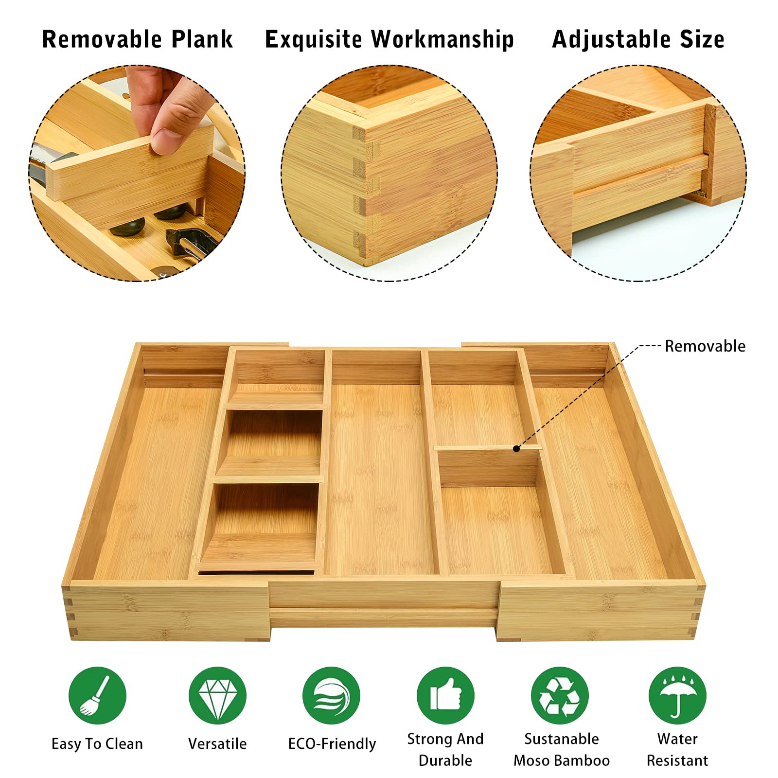 Bamboo Expandable Drawer Organizer for Utensils Holder,Silverware Organizer, Kitchen Drawer Organizer,Cutlery Tray with Drawer Dividers for Kitchen , Silverware, Flatware, Bedroom, Office (natural)