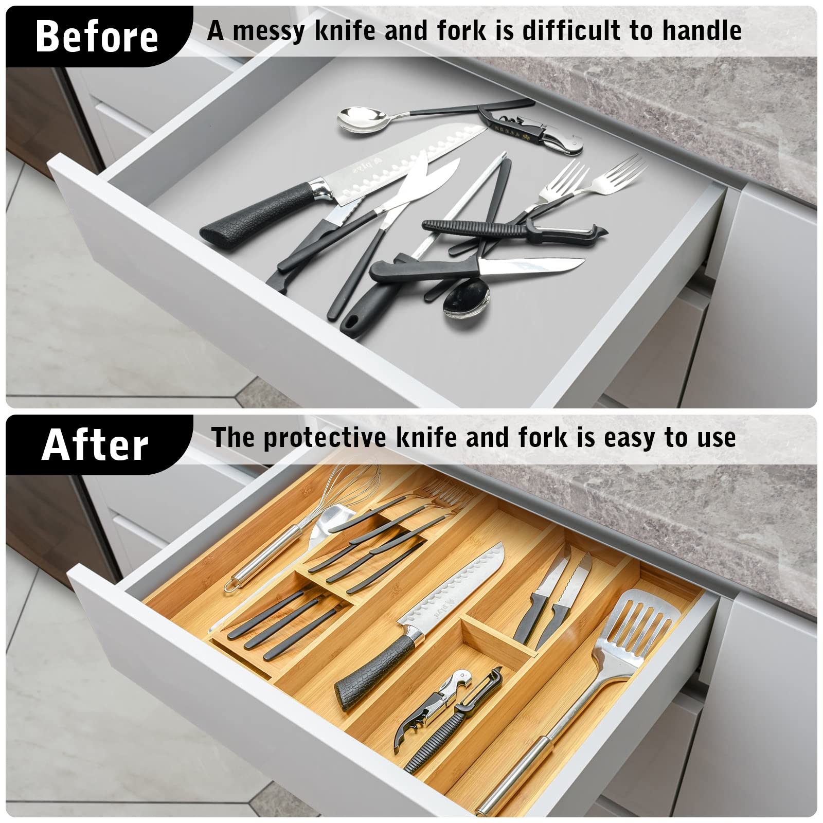 Bamboo Expandable Drawer Organizer for Utensils Holder,Silverware Organizer, Kitchen Drawer Organizer,Cutlery Tray with Drawer Dividers for Kitchen , Silverware, Flatware, Bedroom, Office (natural)