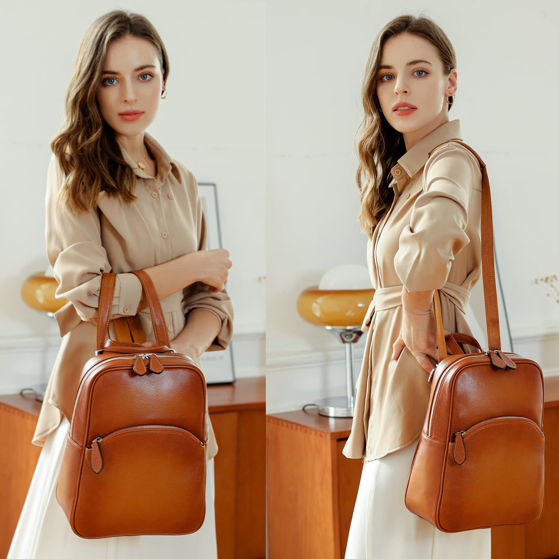 HESHE Genuine Leather Backpack Purse for Women Fashion Multipurpose Travel Ladies Purses Casual Daypack(Sorrel)