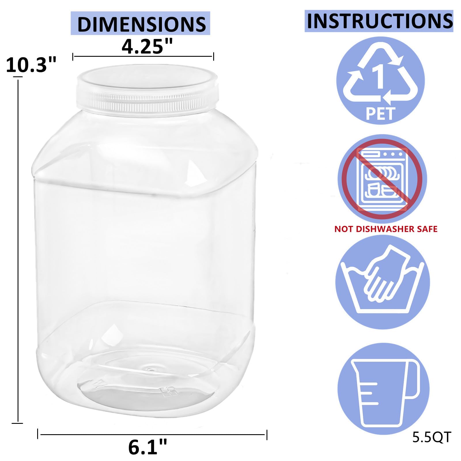 ZOOFOX 2 Pack Clear Plastic Jars, 1.5 Gallon Square Plastic Containers with Screw-On Lids, Refillable BPA Free Empty Plastic Jars for Kitchen & Household Storage of Dry Goods, Peanut, Candy and More, Airtight Food Storage