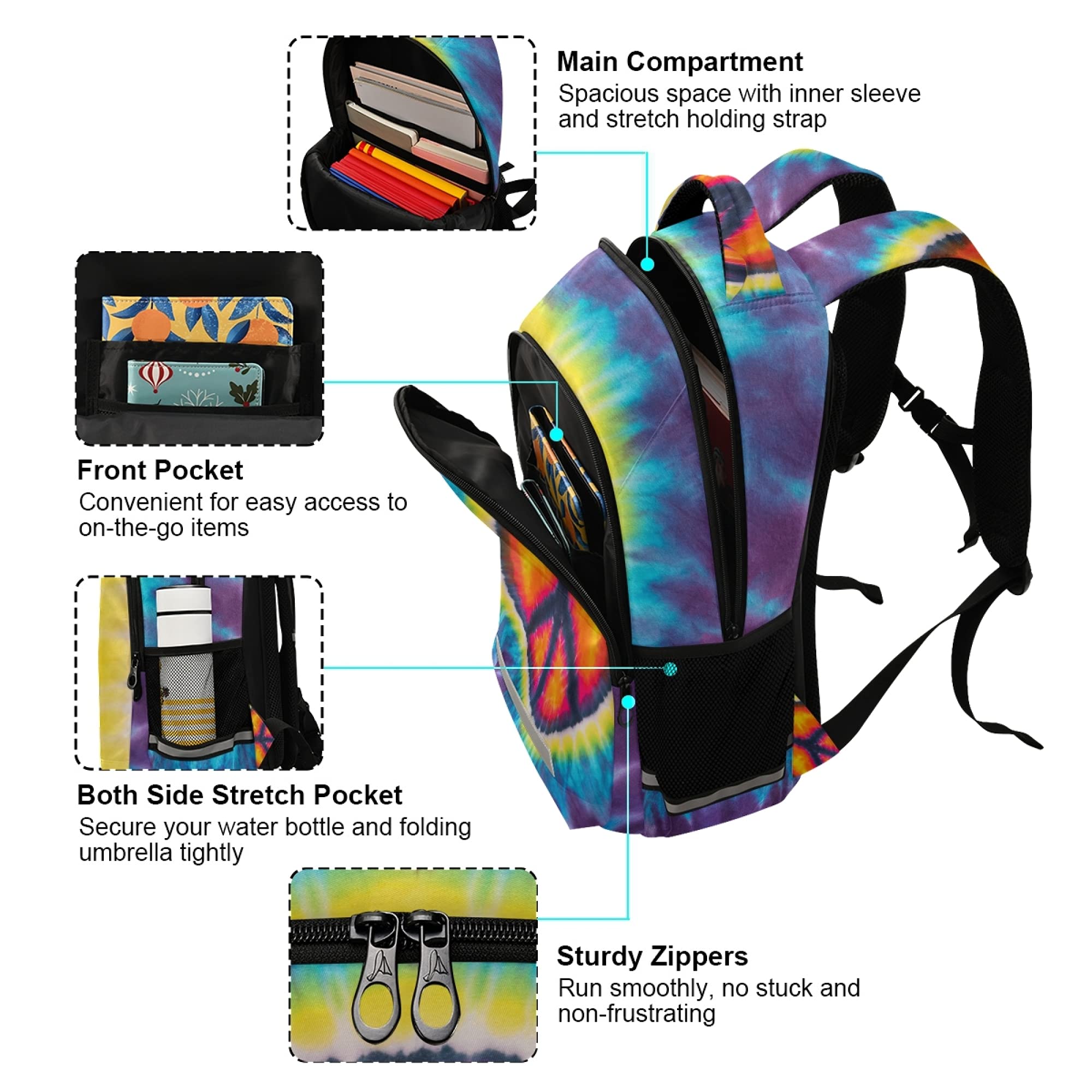 ALAZA Peace Sign Design Tie Dye Backpack Purse for Women Men Personalized Laptop Notebook Tablet School Bag Stylish Casual Daypack, 13 14 15.6 inch