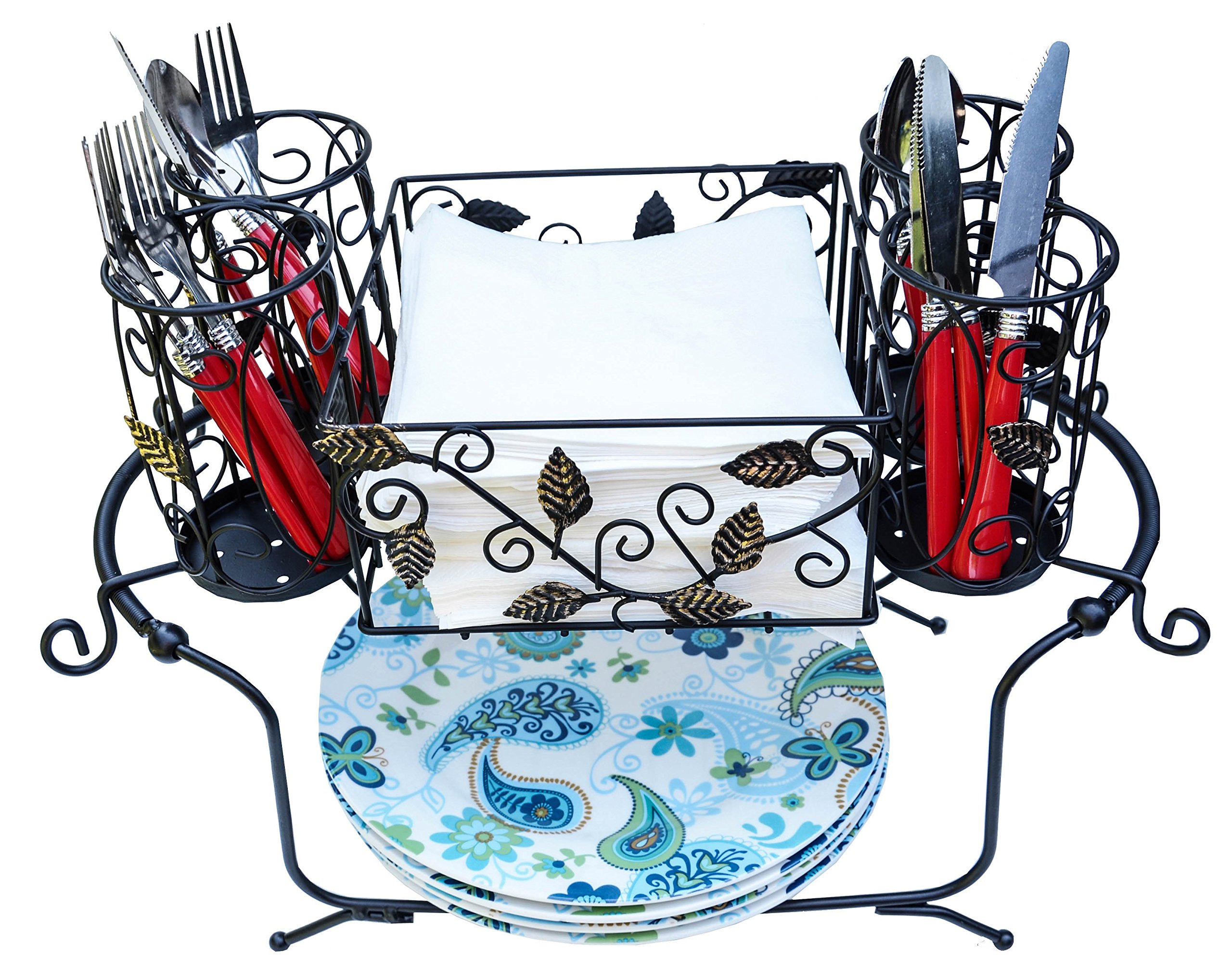 Maypes Utensil Caddy - Silverware Caddy or Napkin, Cutlery and Plate Holder - The Ideal 2-Piece Portable Outdoor Kitchen Accessories Buffet Organizer for Picnics, Camping, Barbecue, Parties and Events