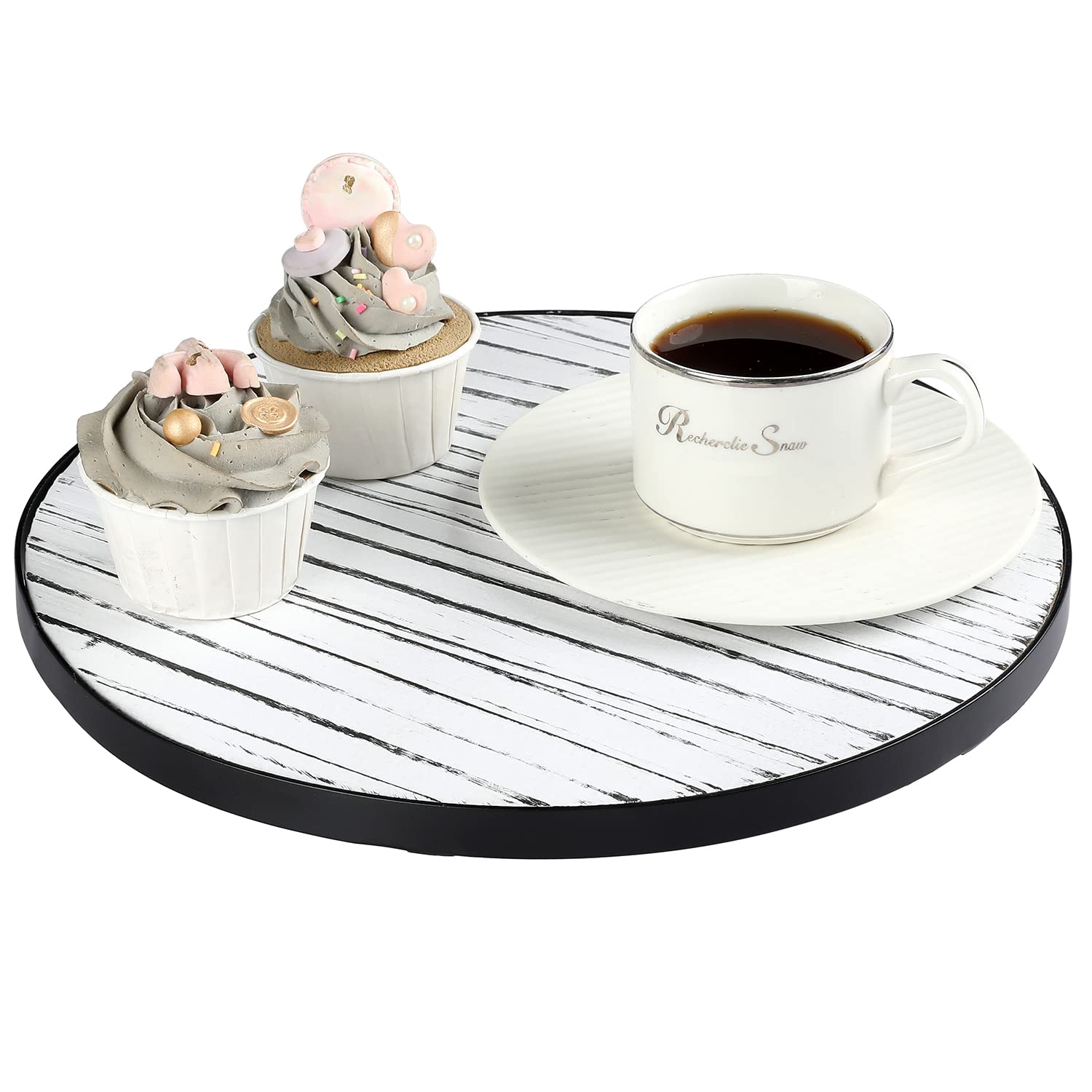 MyGift 12 Inch Vintage White Solid Wood Lazy Susan Turntable Tray with Black Metal Rim, 360 Degree Rotating Round Serving Display Tray for Food, Spices & Condiments