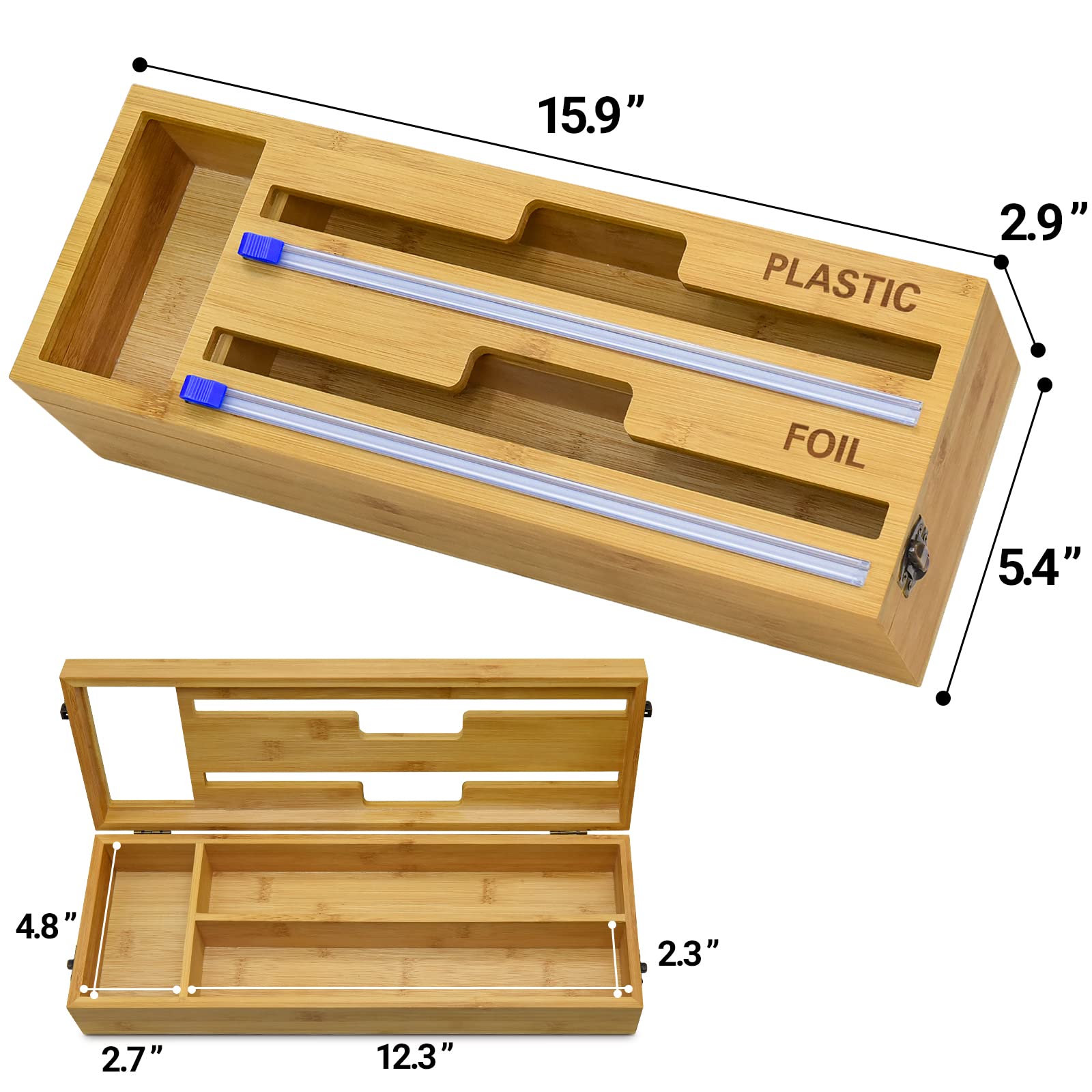 Bamboo Aluminum Foil Dispenser with Cutter, Foil and Plastic Organizer for Drawer, Plastic Wrap Dispenser with Cutter for Kitchen Drawer and Cabinet Organizer, Foil Organization and Storage Holder 1