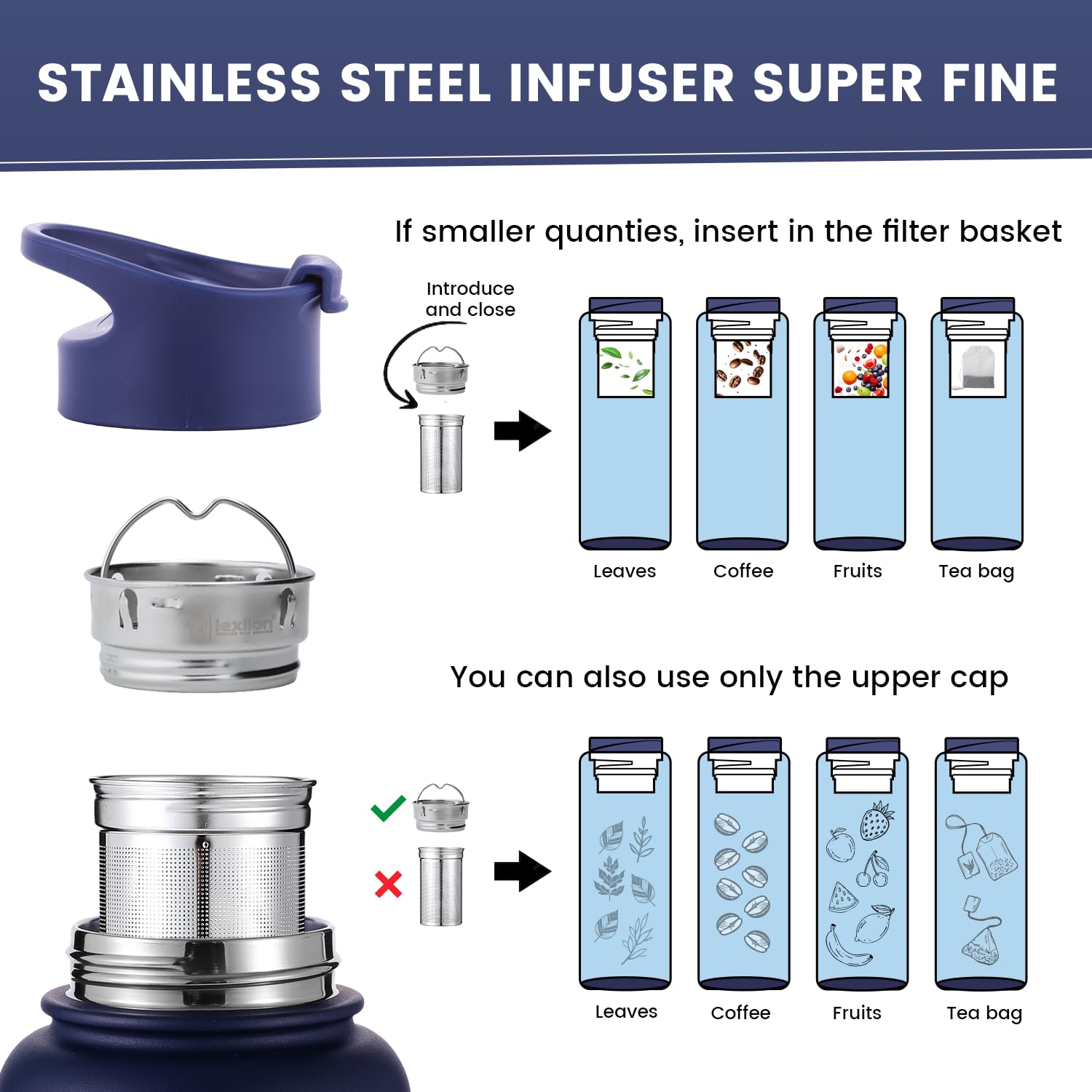lexlion Water Bottle 32 Oz, Triple Walled Insulated Stainless Steel Reusable, Wide Mouth, Fruit Diffuser-Thermal Leaf Infuser , Silicone Sleeve&Cleaning Brush, 3 Lids Leak Proof, Metal Mug gallon