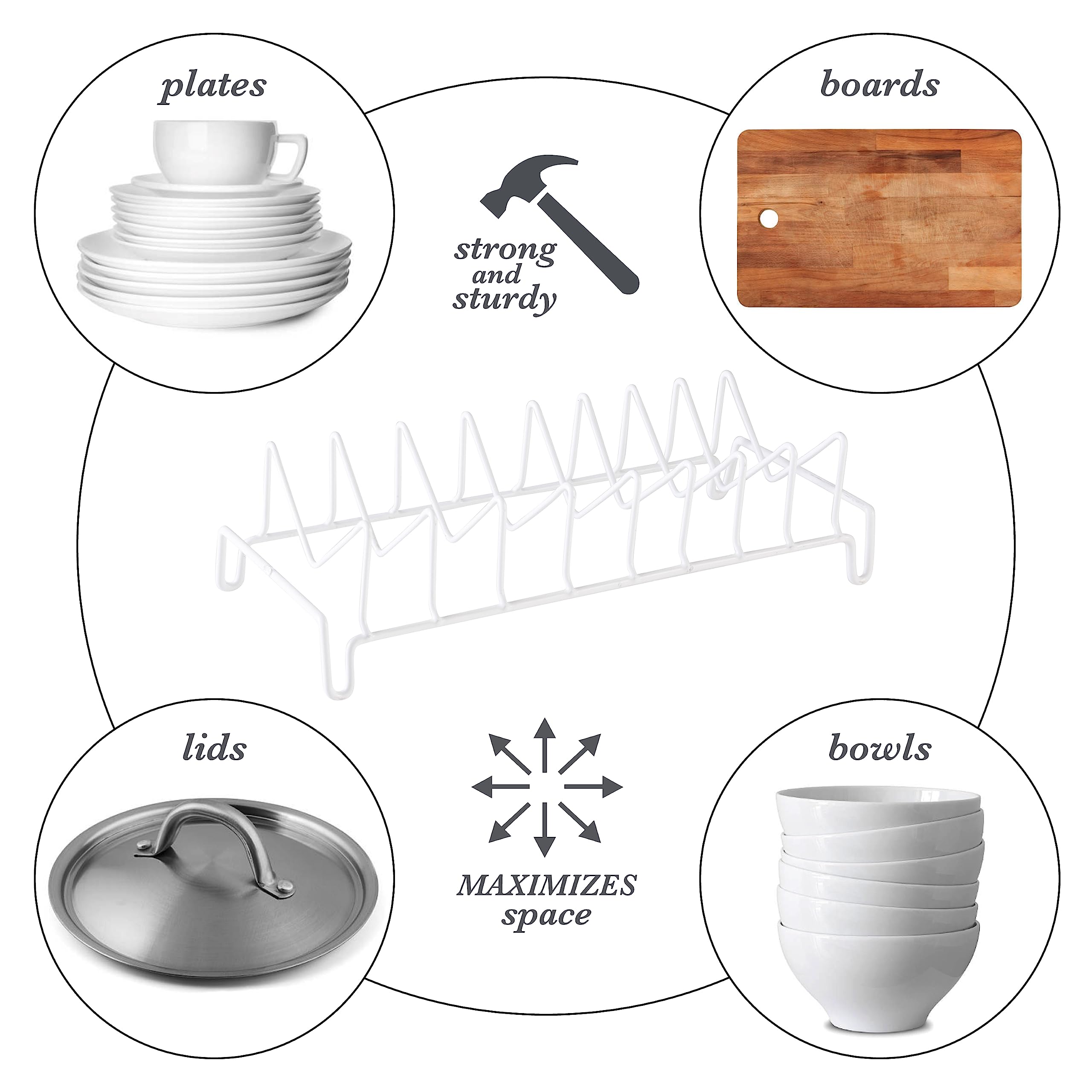 Kitchen Details 8 Section Lid and Plate Organizer | Free Standing | Pot, Pan & Cutting Board Holder | Cabinet Pantry and Countertop Organization | White