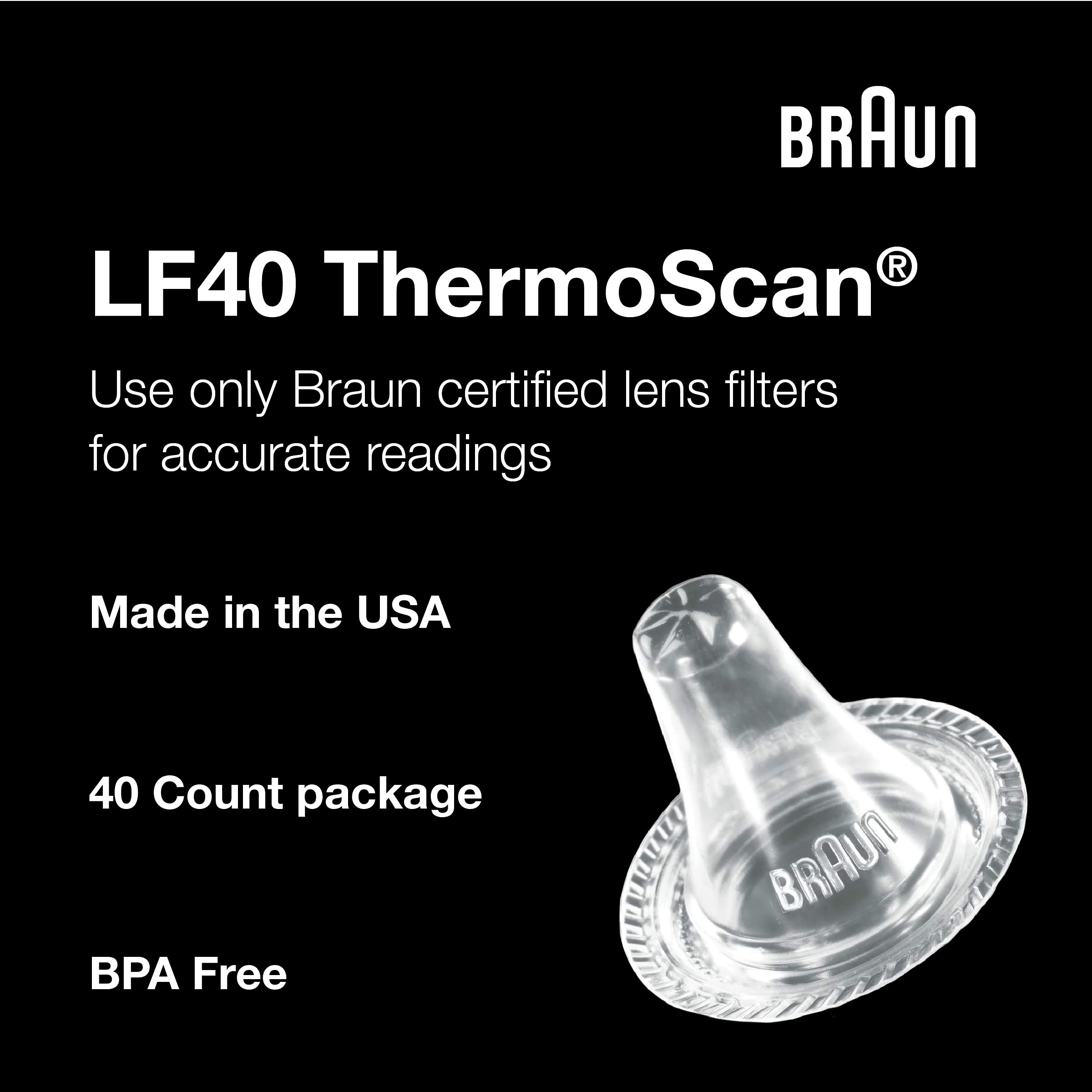 Braun ThermoScan Lens Filters for Ear Thermometer, 40 Count Disposable Thermometer Covers, Works with Braun ThermoScan Thermometers, LF40US01