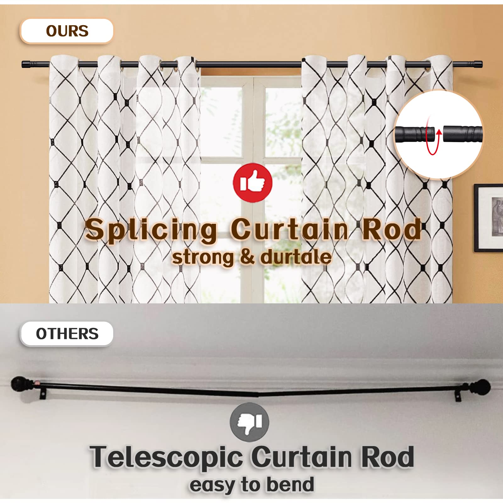 Curtain Rods for Windows 28 to 48 Inch, 5/8 Inch Matte Black Curtain Rod Set with Brackets Heavy Duty Small Drapery Curtain Rods, Size: 23-52 Inch