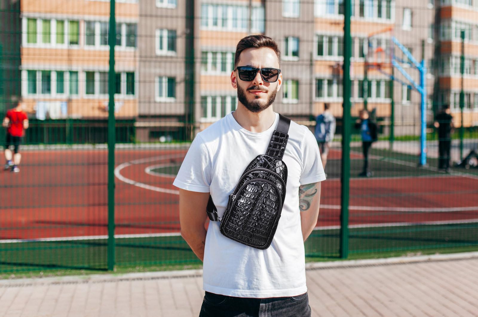 Crocodile Leather Sling Bag, Cool Man Bags One Shoulder Backpack for Men and Women Black