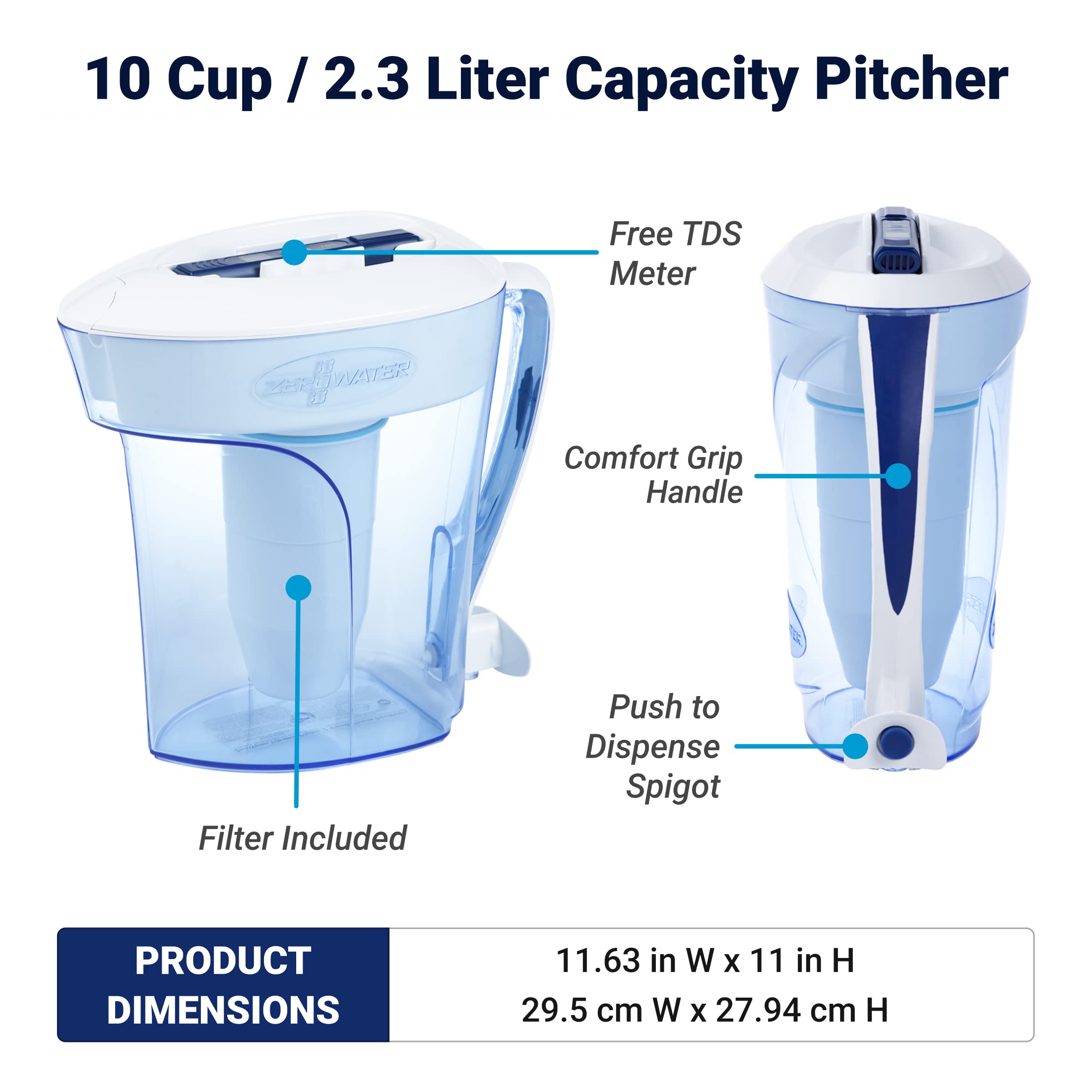 ZeroWater 10-Cup Ready-Pour Water Filter Pitcher - NSF Certified 0 TDS Water Filter to Remove Lead, Heavy Metals, PFOA/PFOS, Improve Tap Water Taste