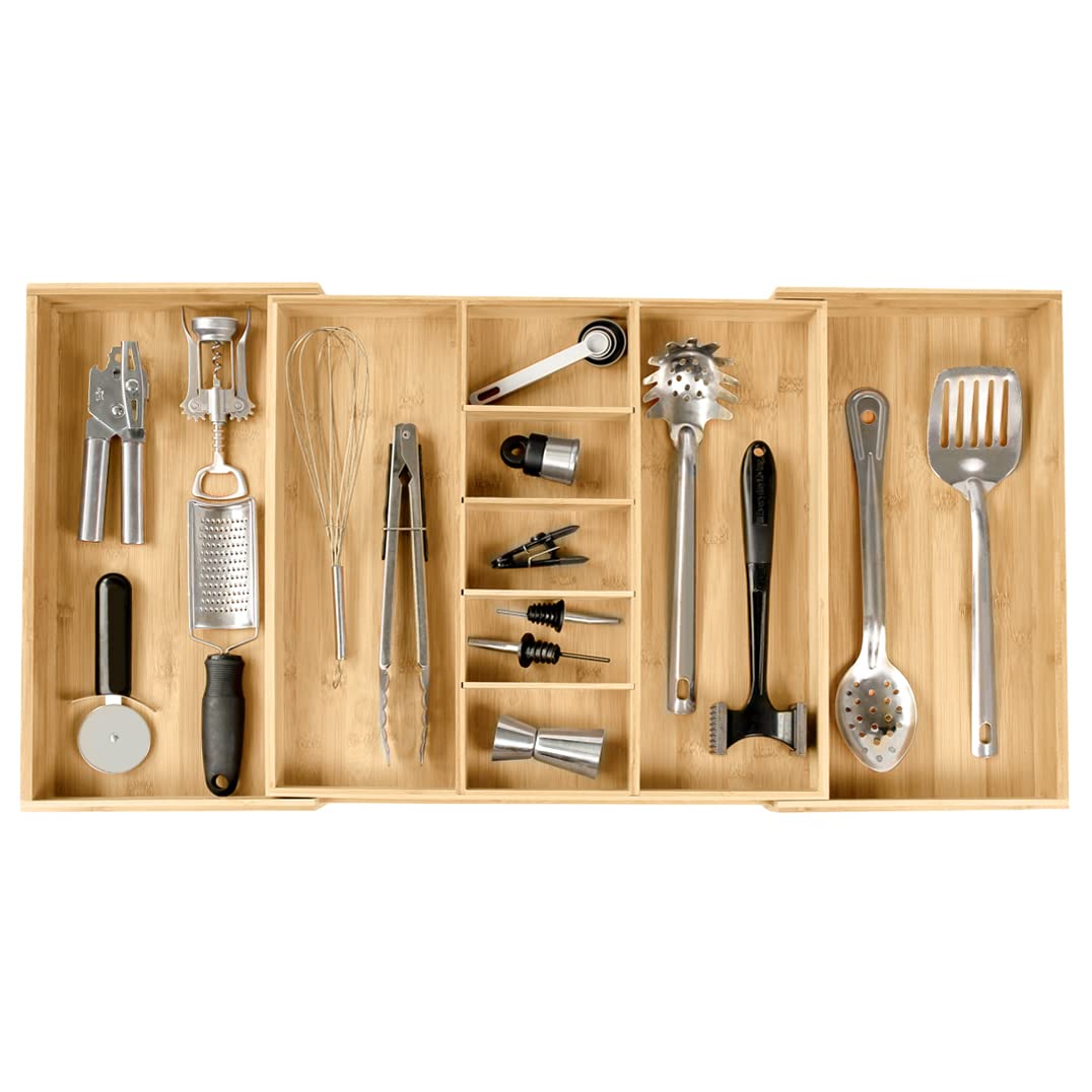 KitchenEdge Adjustable Kitchen Drawer Organizer for Utensils and Junk, Expandable to 33 Inches Wide, 9 Compartments, 100% Bamboo