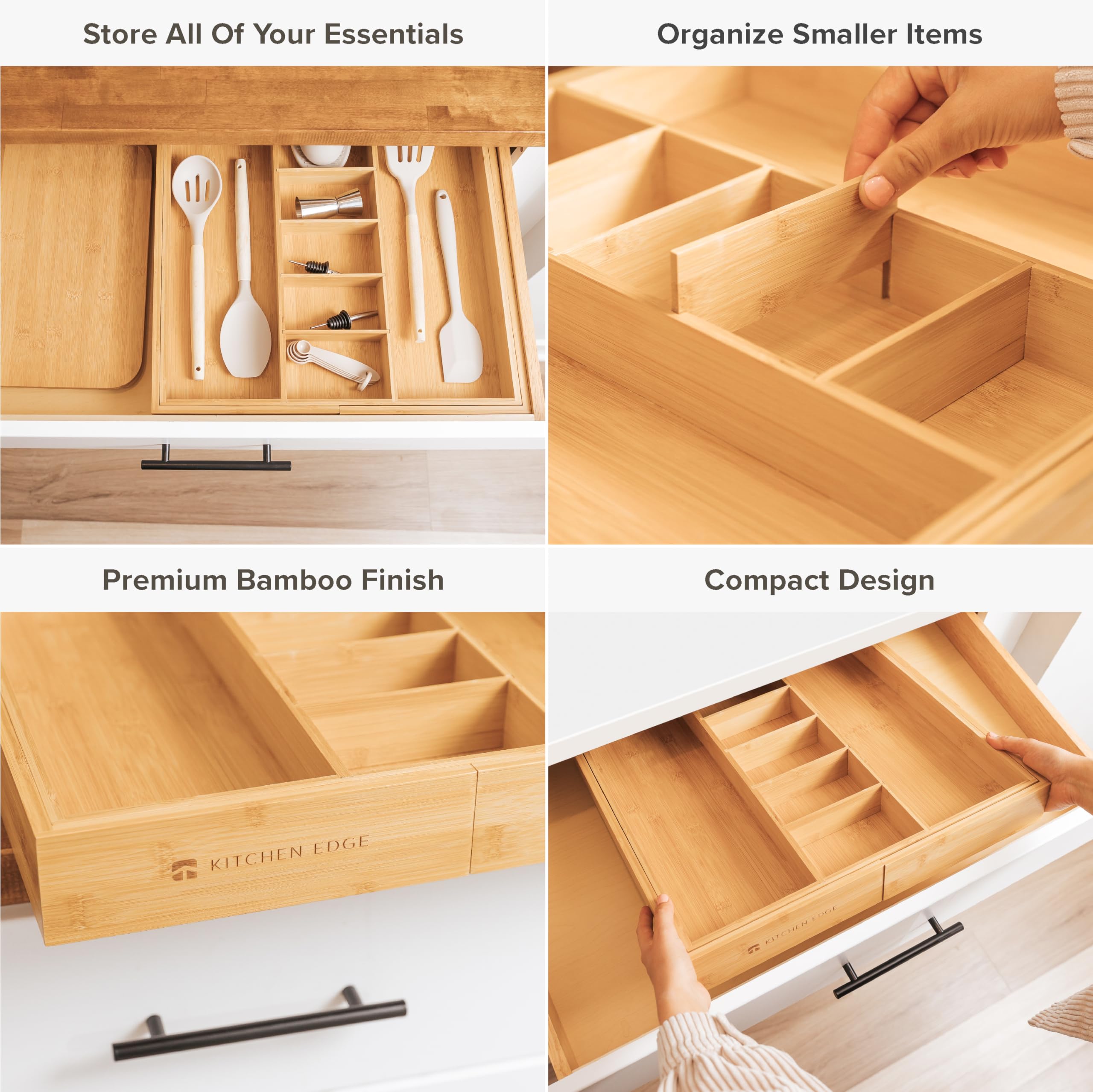 KitchenEdge Adjustable Kitchen Drawer Organizer for Utensils and Junk, Expandable to 33 Inches Wide, 9 Compartments, 100% Bamboo