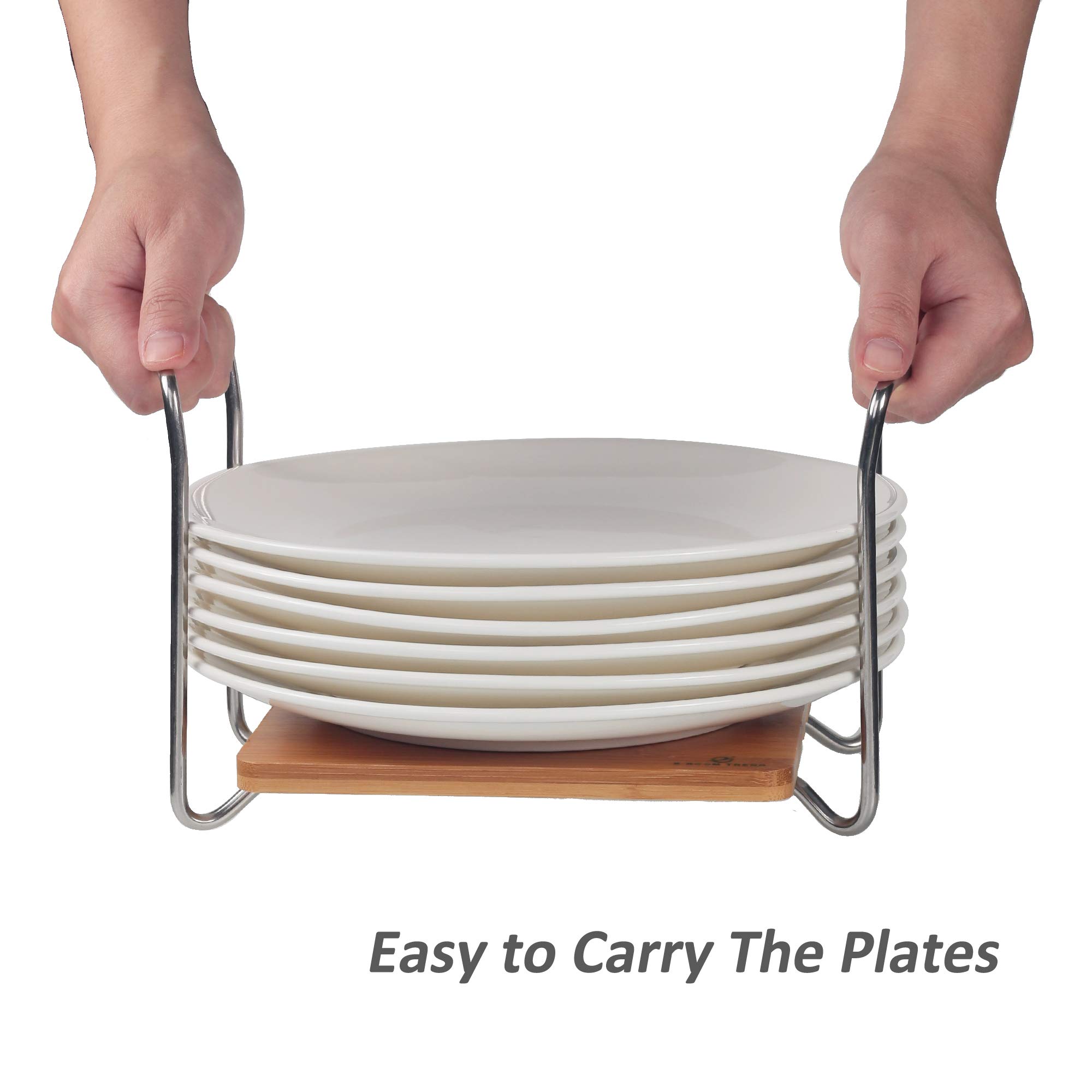 E-ROOM TREND Dish Holder SS304 1 Pack Large Square Size for 9" to 13" Plates Organizer Upgrade Thicken Bamboo Adjustable Size Easy Carried Handles Storage Rack for RV Cabinets Shelf Countertop (A017)