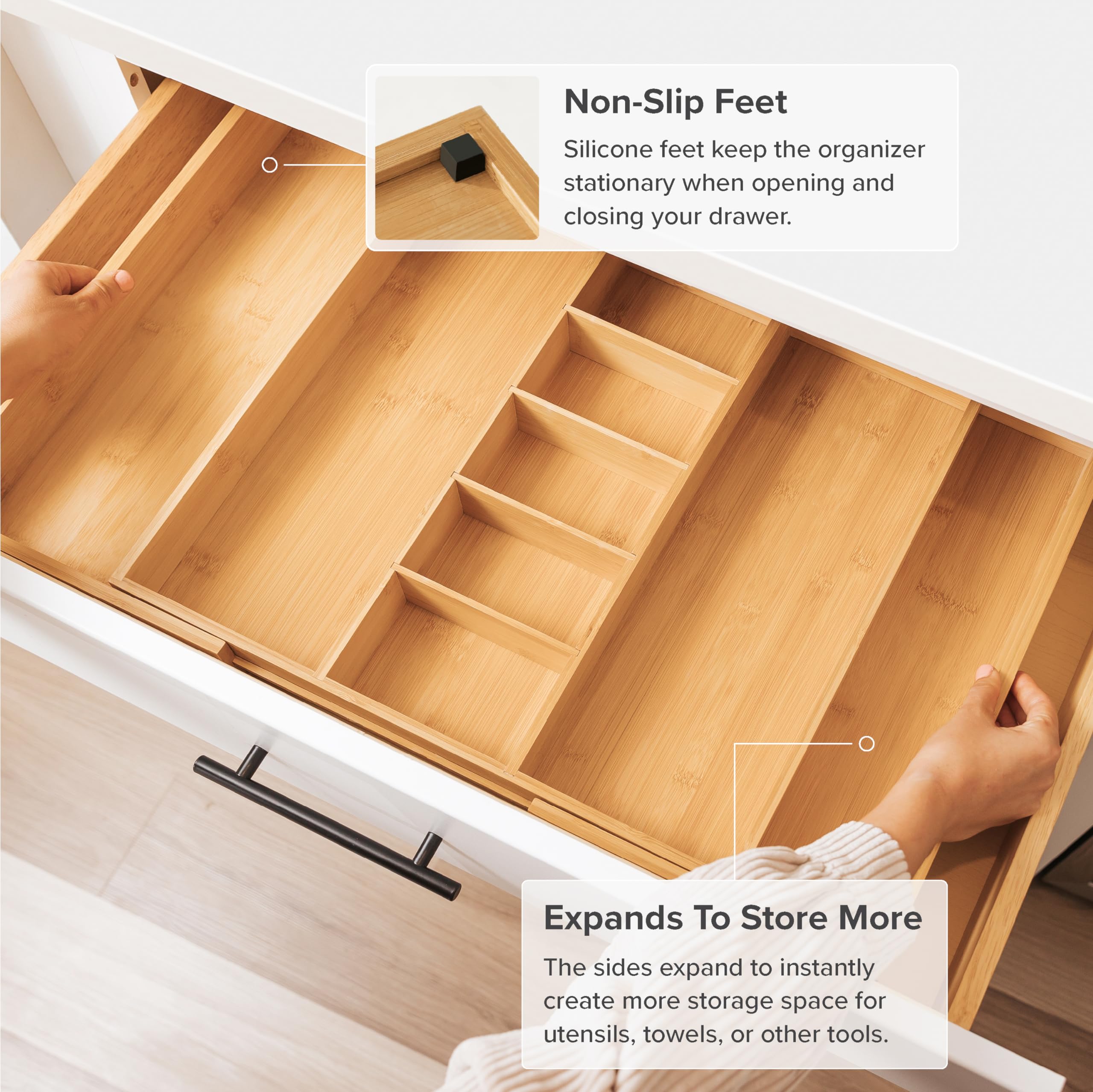 KitchenEdge Adjustable Kitchen Drawer Organizer for Utensils and Junk, Expandable to 33 Inches Wide, 9 Compartments, 100% Bamboo