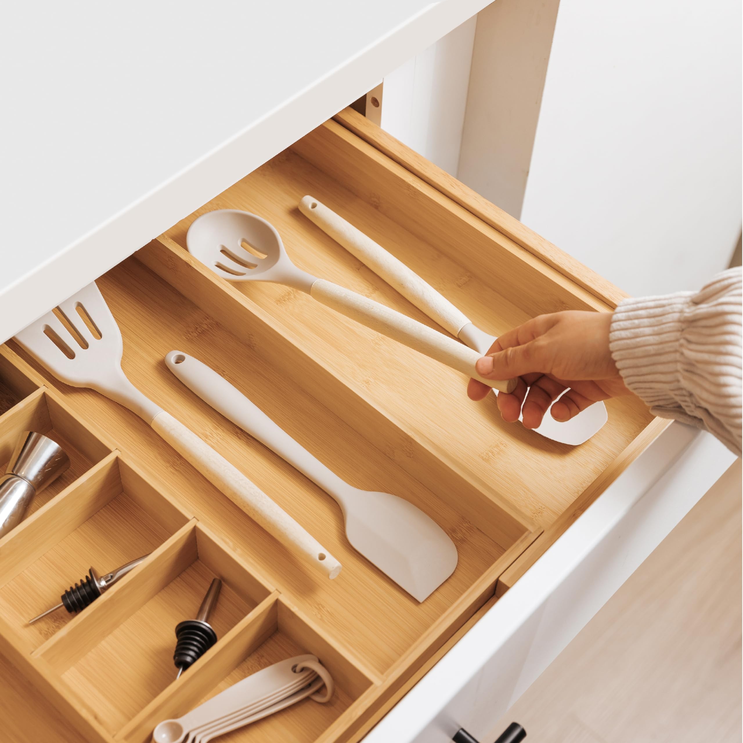 KitchenEdge Adjustable Kitchen Drawer Organizer for Utensils and Junk, Expandable to 33 Inches Wide, 9 Compartments, 100% Bamboo
