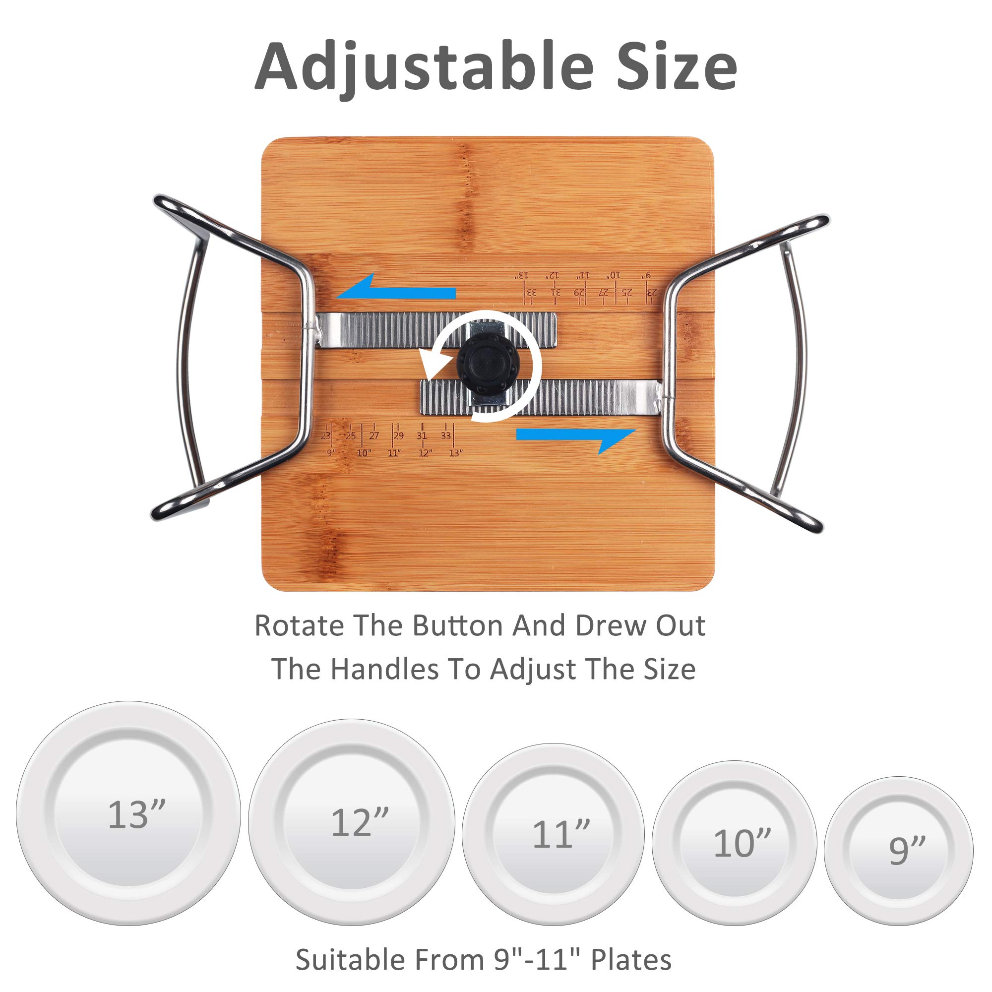 E-ROOM TREND Dish Holder SS304 1 Pack Large Square Size for 9" to 13" Plates Organizer Upgrade Thicken Bamboo Adjustable Size Easy Carried Handles Storage Rack for RV Cabinets Shelf Countertop (A017)