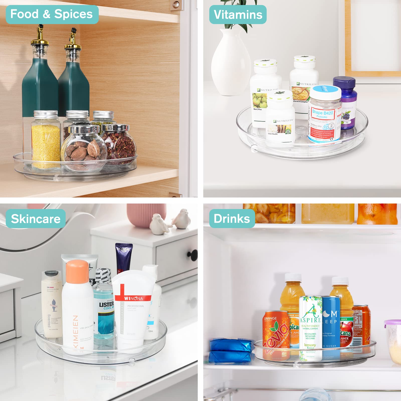 Puricon 2 Pack Soda Can Organizer Dispenser for Refrigerator Bundle with 2 Pack Lazy Susan Clear Organizer for Cabinet Pantry Storage