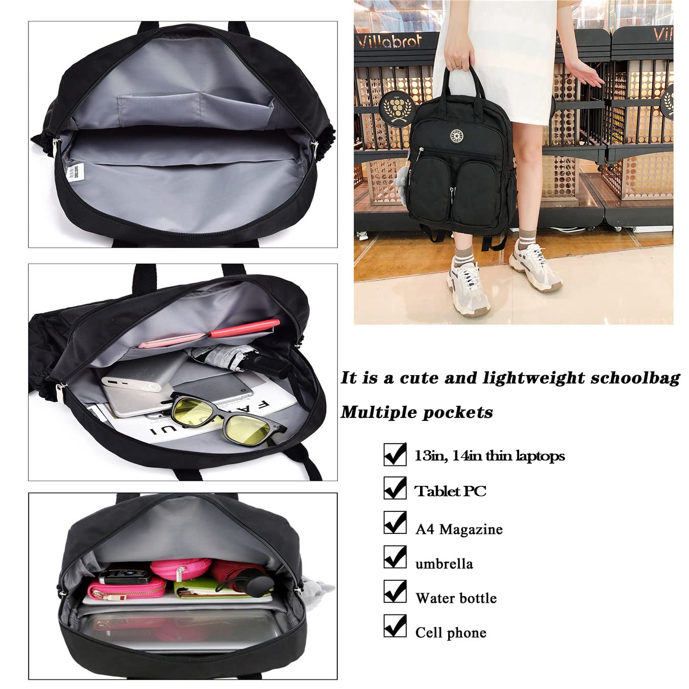 Scioltoo Women's Backpack Purse Small Nylon Cute Mini School Bag Lightweight Shoulder Bag Waterproof Laptop Book Bag with Multi-Pockets for Teen Girls Grey A-Gray