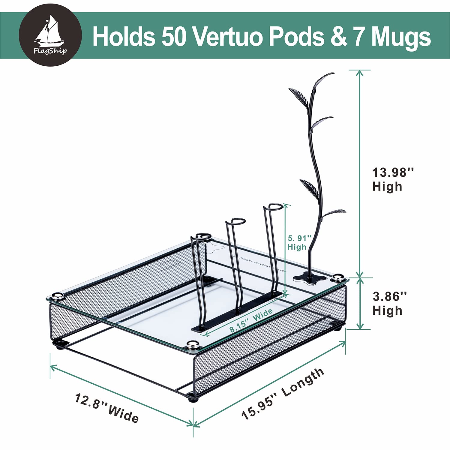 FlagShip for Nespresso Pod Holder Coffee Pod Storage for Vertuo Pod with Crystal Tempered Glass Top Mug Holder(50 Pods & 7 Mugs Capacity)
