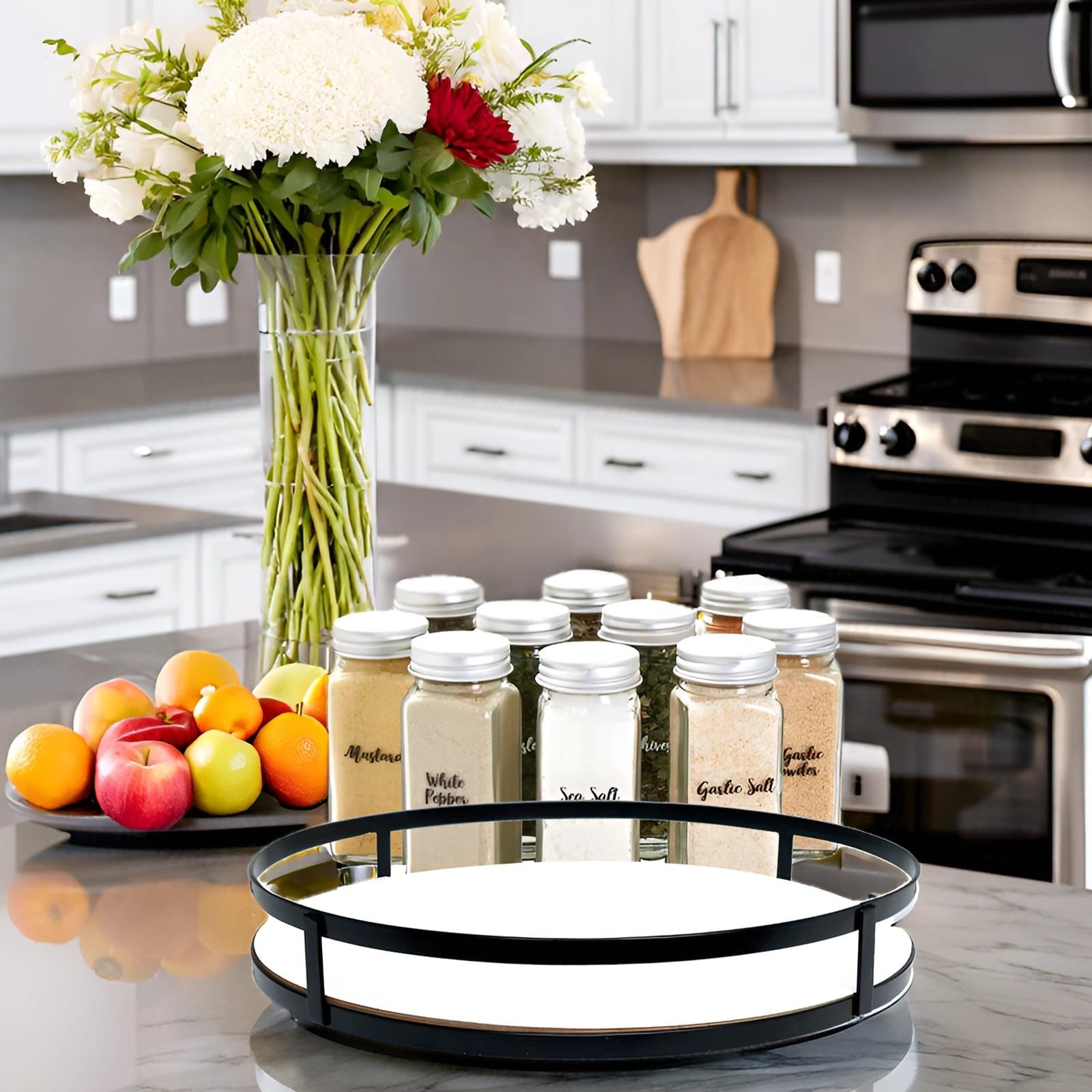 12" Wood Lazy Susan,Wooden Lazy Susan Organizer Display Stand,Turntable 360 Degrees Rotating Table Decor ,Round Lazy Susan for Countertop Cabinet or Dining Table,Farmhouse Table Decor.(White)