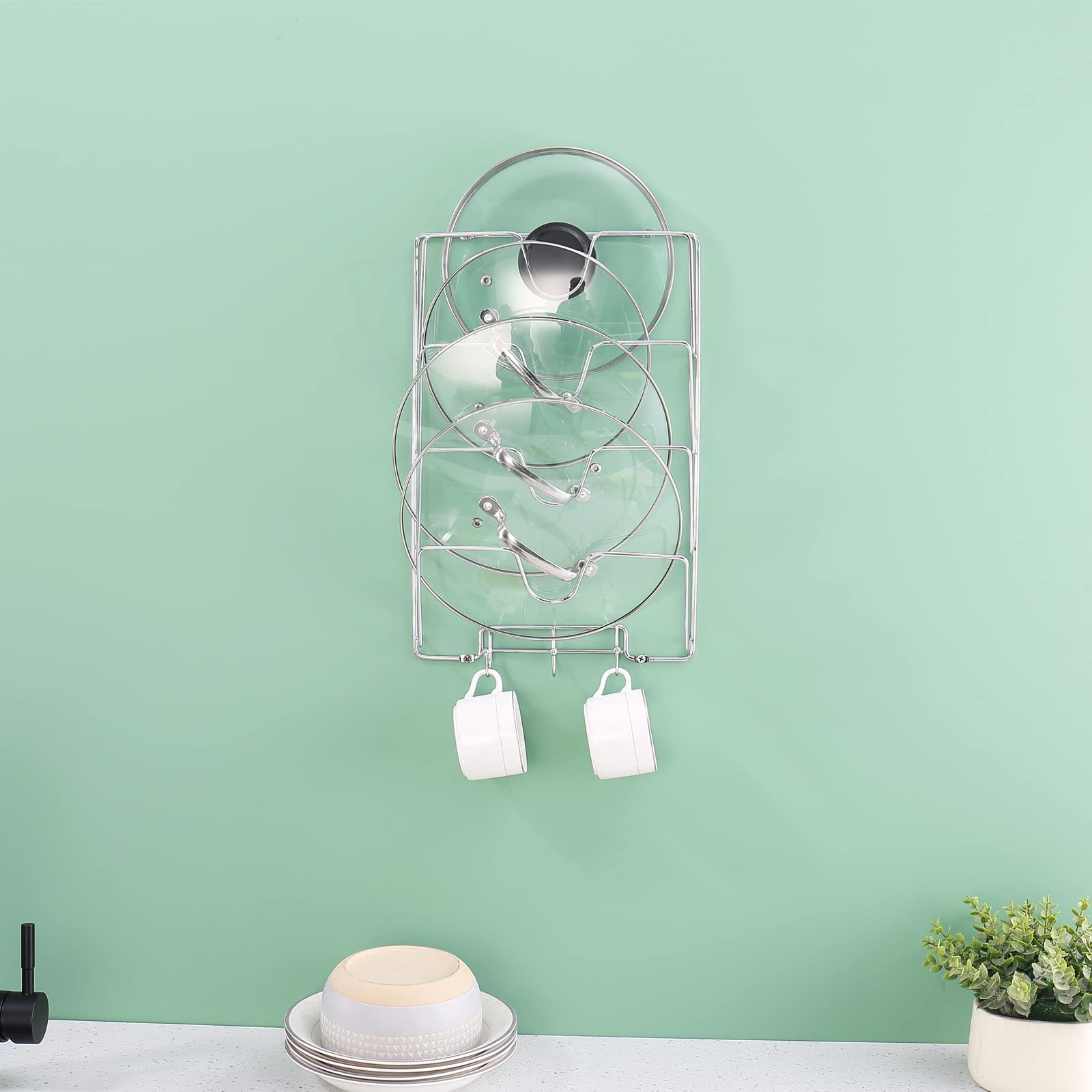 Qflushor Pot Lid Organizer Wall Mount, Kitchen Pot Lid Rack with Hook, Pot Lid Organizer for Cabinet, Pot Lid Holder with Adhesive Hooks, Chrome