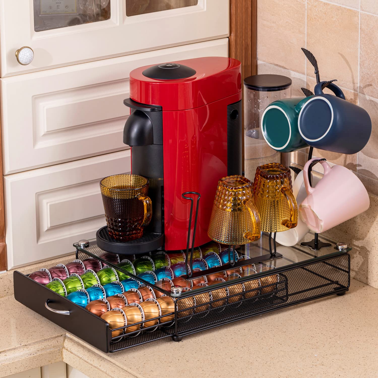 FlagShip for Nespresso Pod Holder Coffee Pod Storage for Vertuo Pod with Crystal Tempered Glass Top Mug Holder(50 Pods & 7 Mugs Capacity)