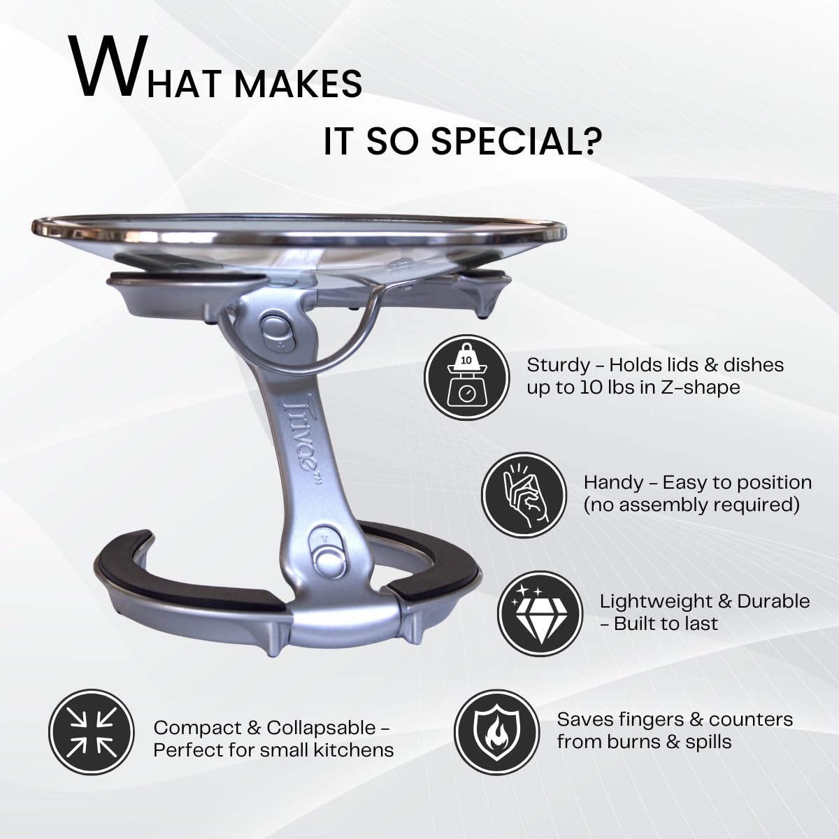 Trivae Unique Patented Pan Lid, Utensil and Pot Holder, Dish / Cake Serving Stand and Trivet in One for The Kitchen Lover