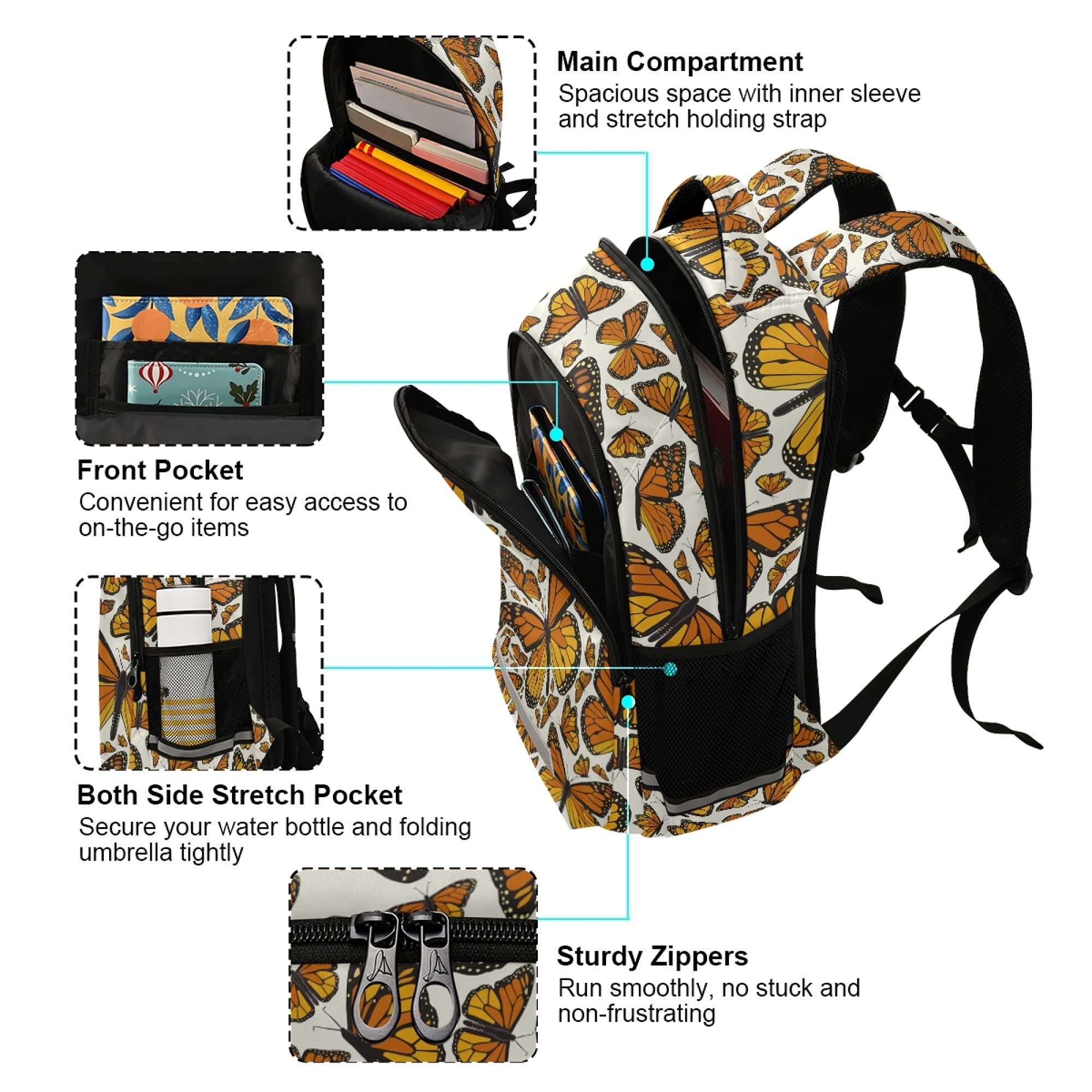 ALAZA Monarch Flying Butterfly Print Backpack Purse for Women Men Personalized Laptop Notebook Tablet School Bag Stylish Casual Daypack, 13 14 15.6 inch, Multicolor, One Size