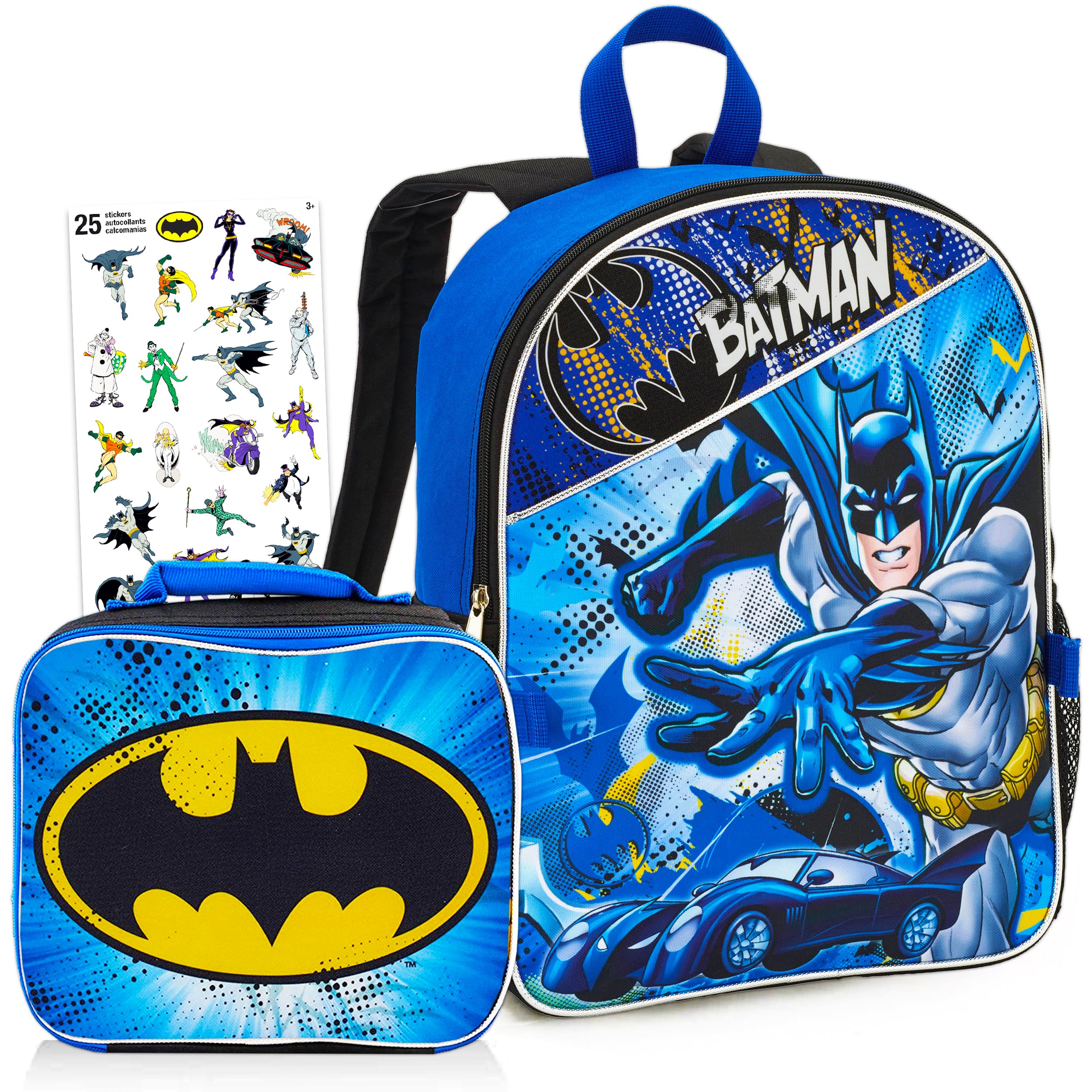 Batman Backpack and Lunch Box Set for Boys Kids ~ 3 Pc Bundle With Deluxe 16" Batman Backpack, Detachable Insulated Lunch Bag, And Stickers (Batman School Supplies Bundle)