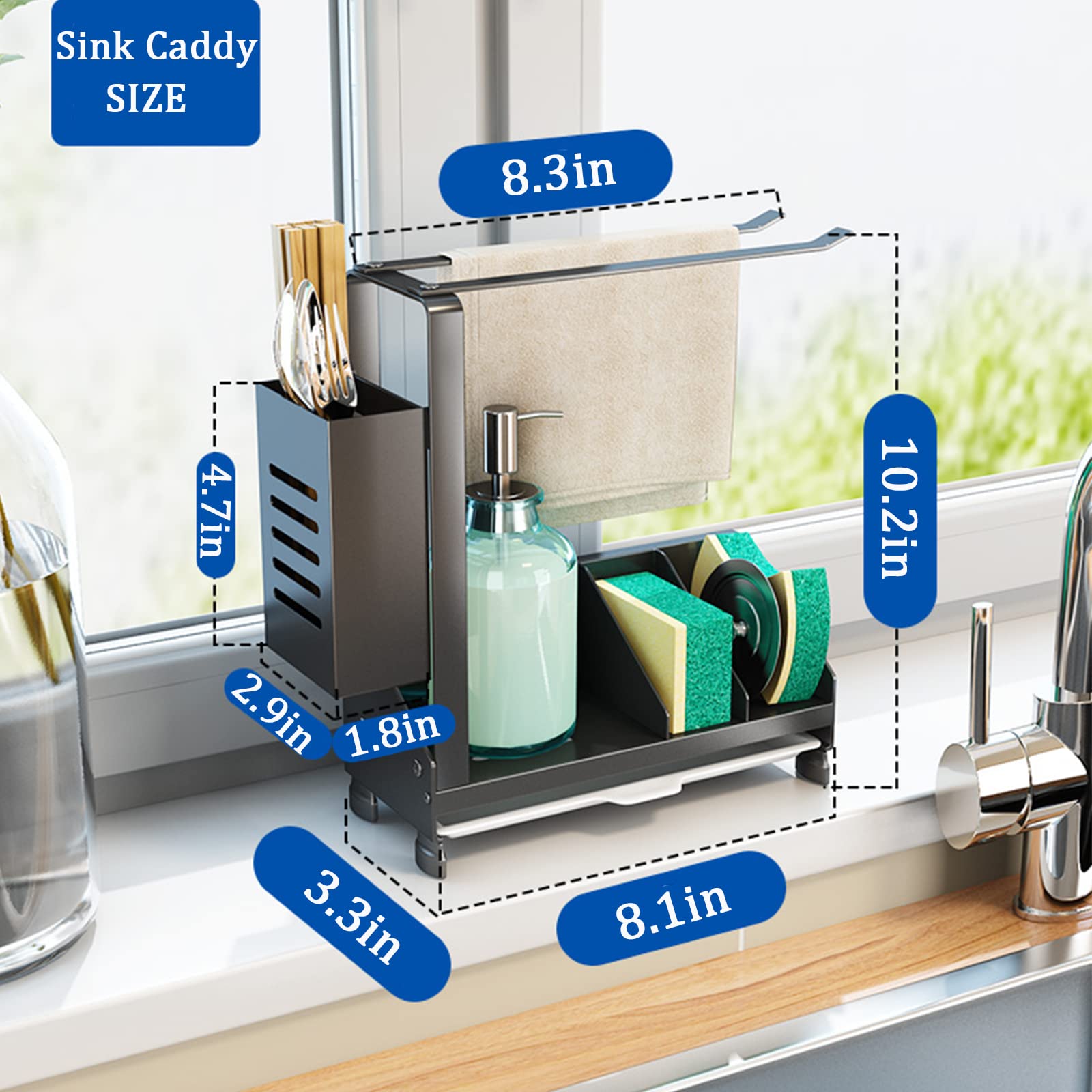 Sink Caddy,Kitchen Sink Organizer with Drain Pan Tray and Rotating Towel Holder,Countertop Sponge Holder for Scrubber Brush Dish Rag Dishcloth Washcloth Soap,Stainless Steel Rust Proof-Black