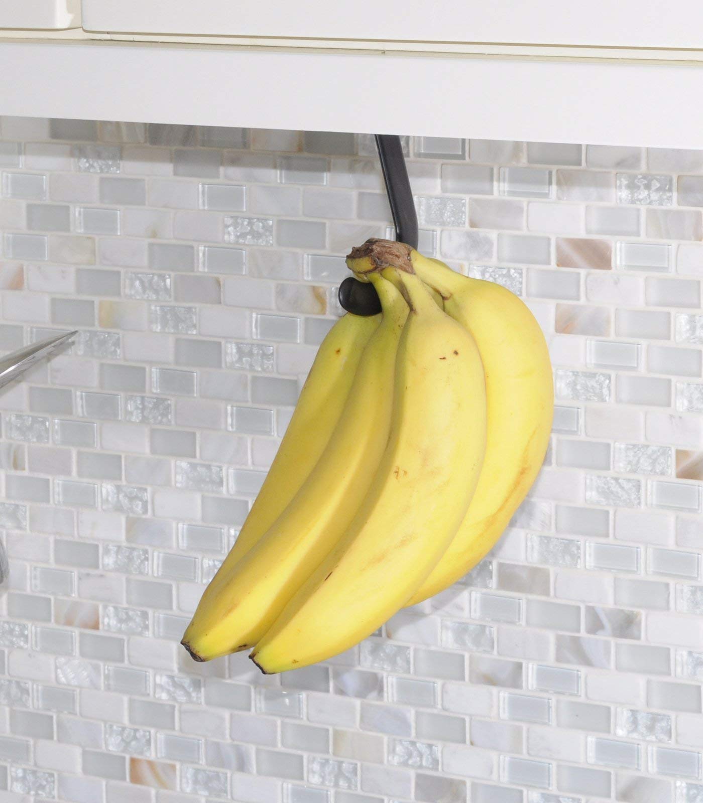 Banana Hook Hanger Under Cabinet Hook Ripens Bananas with Less Bruises, Hang Other Lightweight Kitchen Items, Folds Up Out of Sight When Not in Use, Self-Adhesive + Pre-drilled Screw Holes (Black)