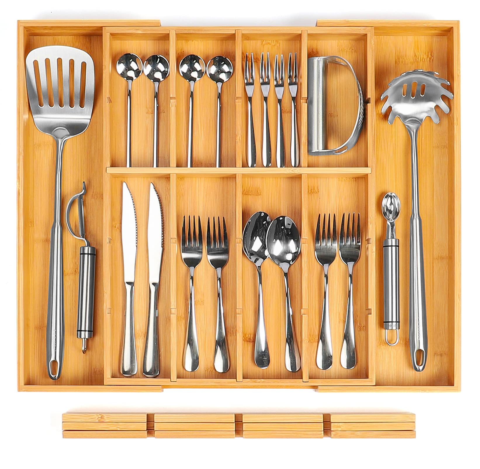 vioview Bamboo Kitchen Drawer Organizer, Adjustable Silverware Organizer with Removable Dividers, Utensil Organizer for Kitchen Drawers/Silverware Tray for Drawer in Kitchen, Bedroom, Living Room