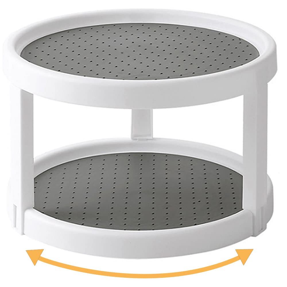 2 Tier Turntable Cabinet Organizer, Non Skid Rotating Spice Rack 360 Degree, Spice Rack Organizer 10-Inch Turntable Organizer for Pantry Cabinet, Kitchen, Countertop, Vanity Display Stand, White/Gray