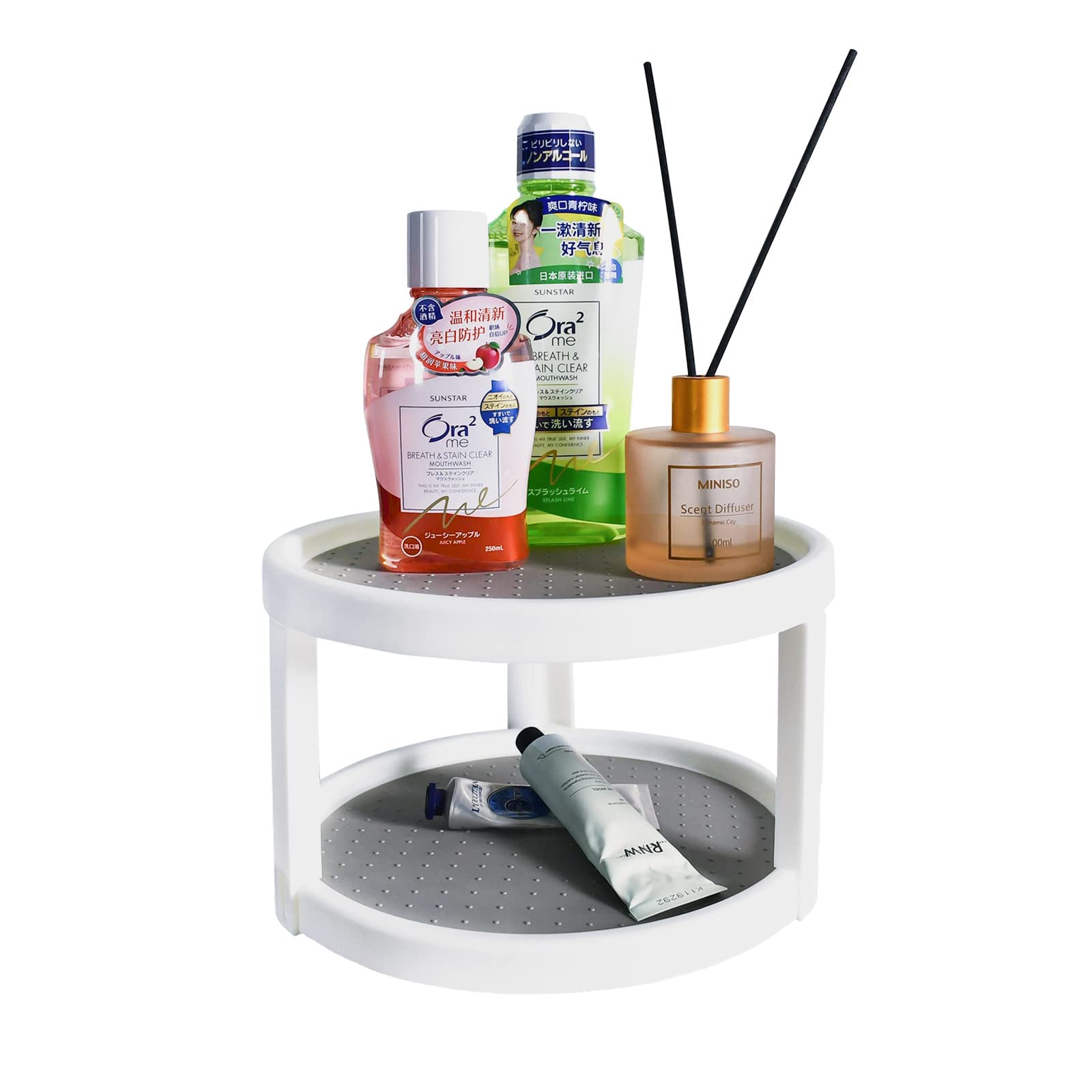 2 Tier Turntable Cabinet Organizer, Non Skid Rotating Spice Rack 360 Degree, Spice Rack Organizer 10-Inch Turntable Organizer for Pantry Cabinet, Kitchen, Countertop, Vanity Display Stand, White/Gray