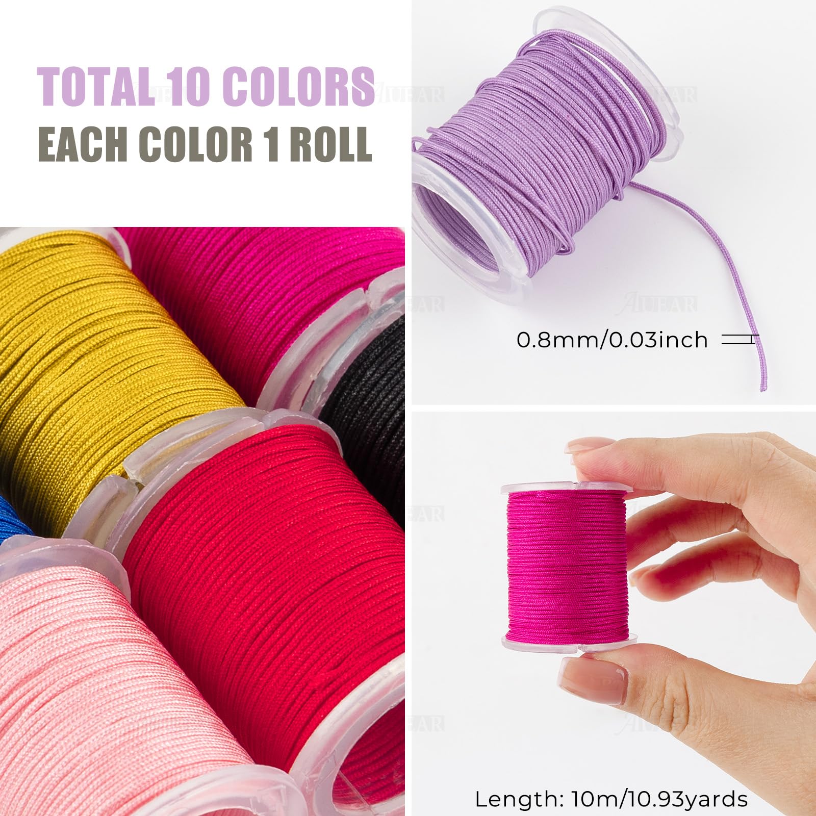 AUEAR, 10 Pack 0.8mm Jewelry Nylon Cord for Jewelry Making Chinese Knot Bracelet String Beading Thread 10 Rolls