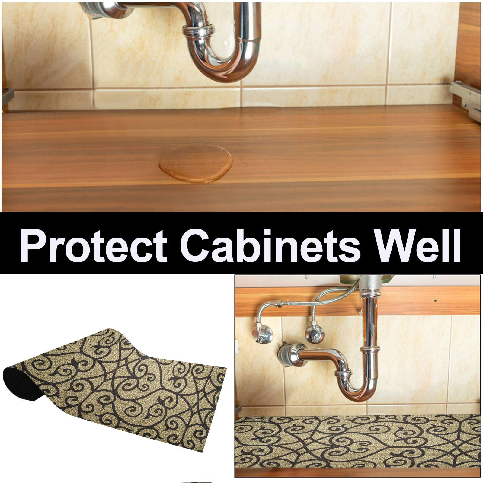 AiBOB Under The Sink Mat, 24 X 36 in, Durable Premium Mats Protect Kitchen and Bathroom Cabinets, Waterproof Absorbent Shelf Liner, Black