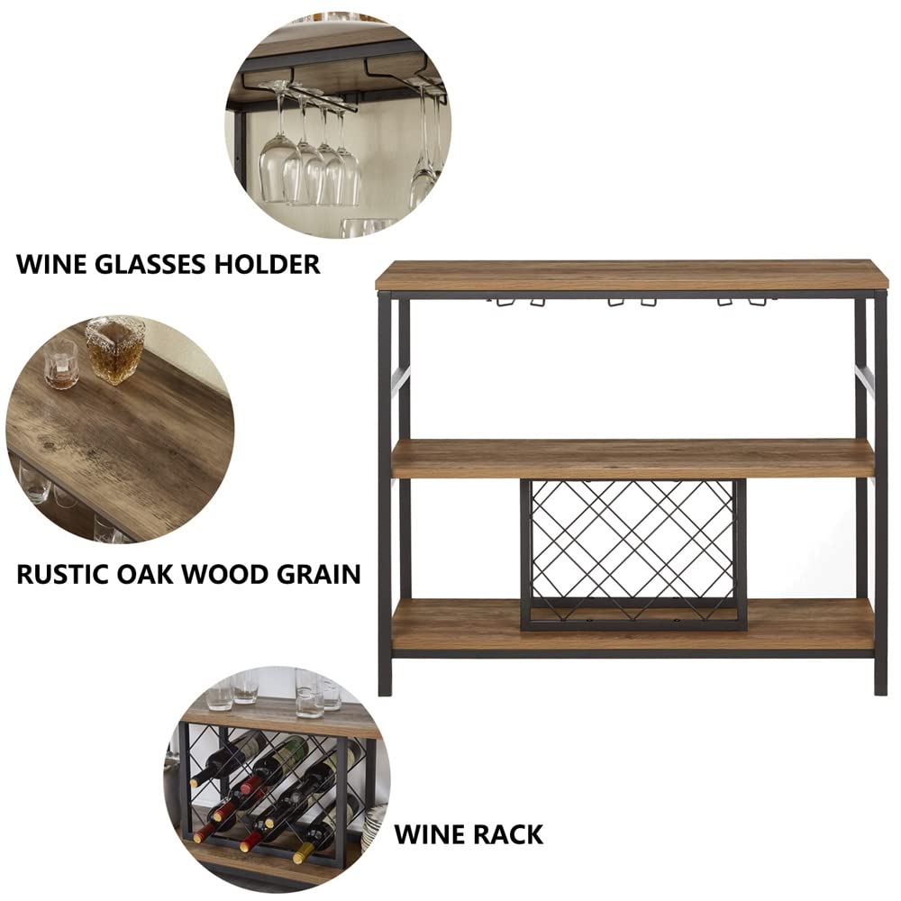 FOLUBAN Wine Rack Table with Glass Holder and Wine Storage, Industrial Rustic Wood and Metal Bar Buffet Cabinet, Oak