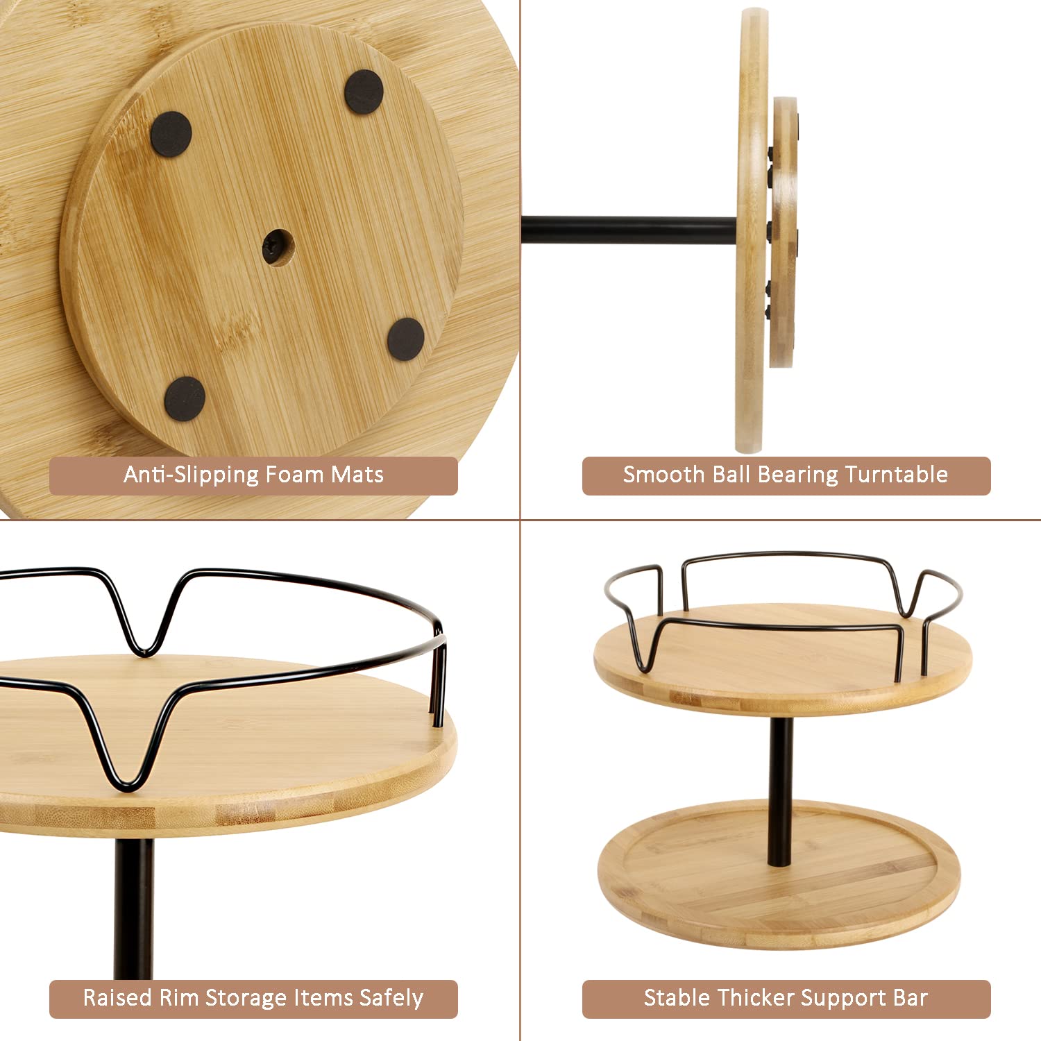 simesove Lazy Susan Turntable 10inch Bamboo Spinning Spice Rack Holder Kitchen Cabinet Counter Top Organizer 360 Degree Turntable Turning Table (Bamboo, 10" (2 Tier)
