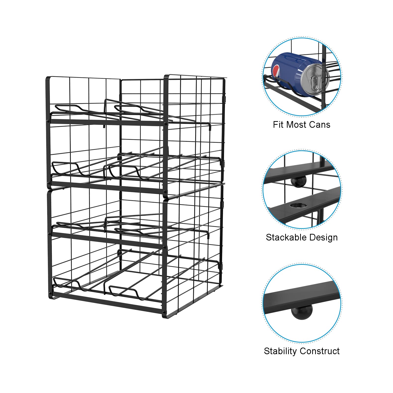 Stackable Soda Can Rack Organizer 4 Tier Beverage Can Dispenser Cola Rack Storage Holder for Pantry Kitchen Cabinets Countertop, Holds 40 12oz Soda Cans or Canned Food, Black
